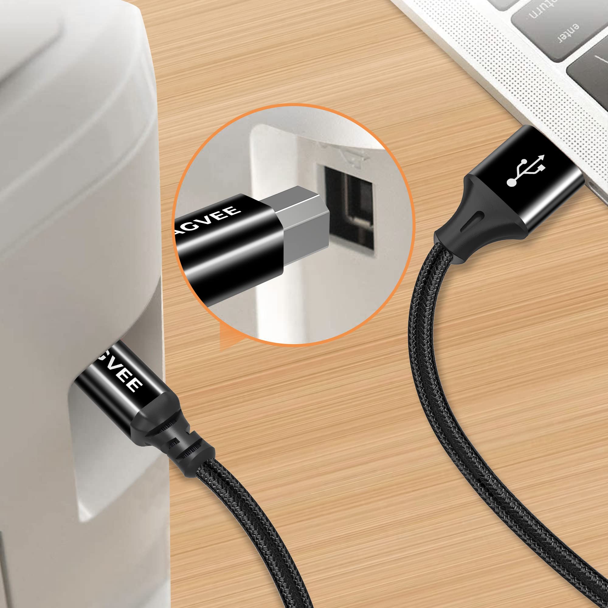 AGVEE [2 Pack 15ft Long USB Printer Cable, A to B MIDI Cable Cord, Braided Stable Data for HP Canon Epson Brother Printer, Piano, Midi Controller, Midi Keyboard, Audio Interface Recording, Black