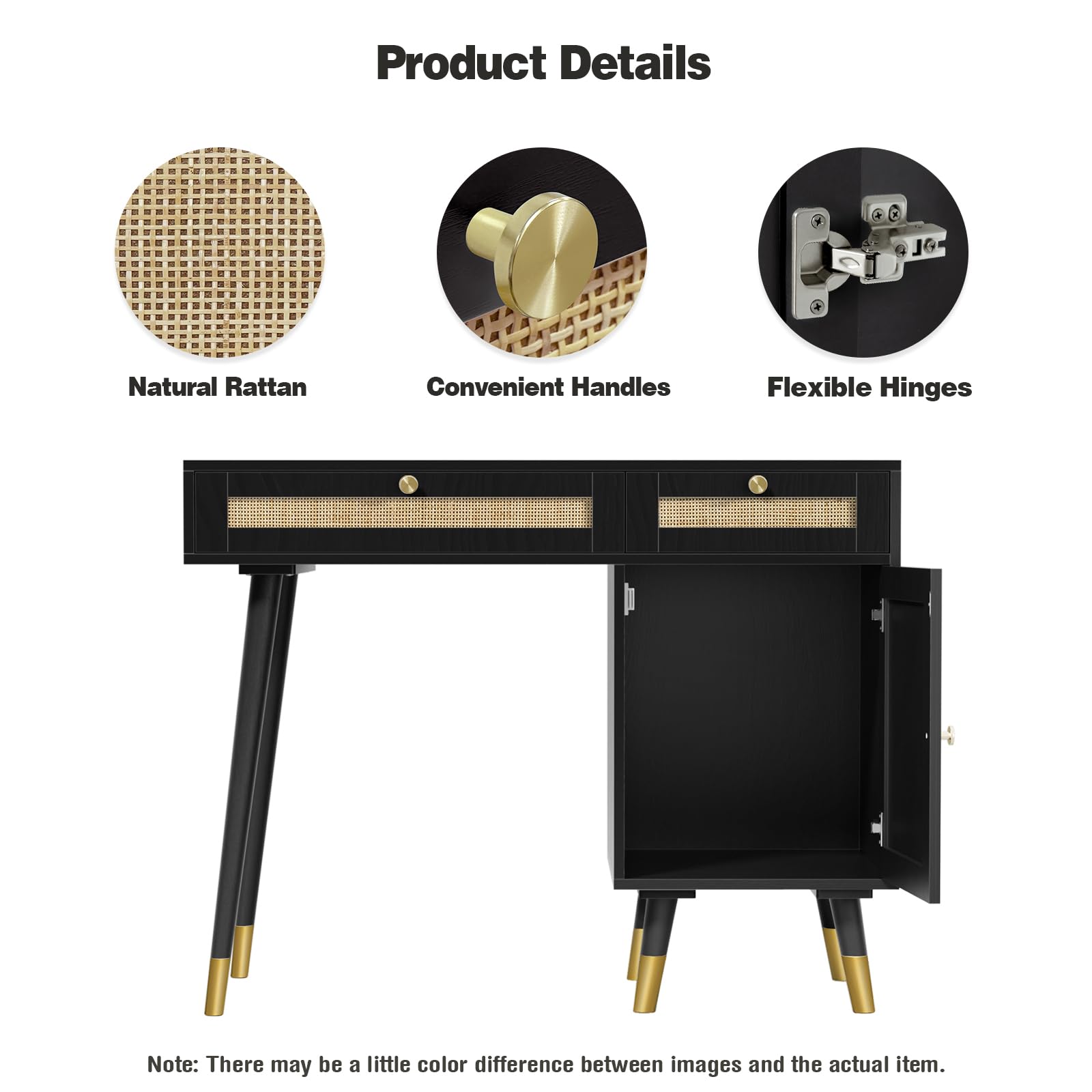 Anmytek Rattan Vanity Desk with Drawers and Storage, Black Makeup Vanity Table Modern Home Office Desk Computer Desk for Study D0005