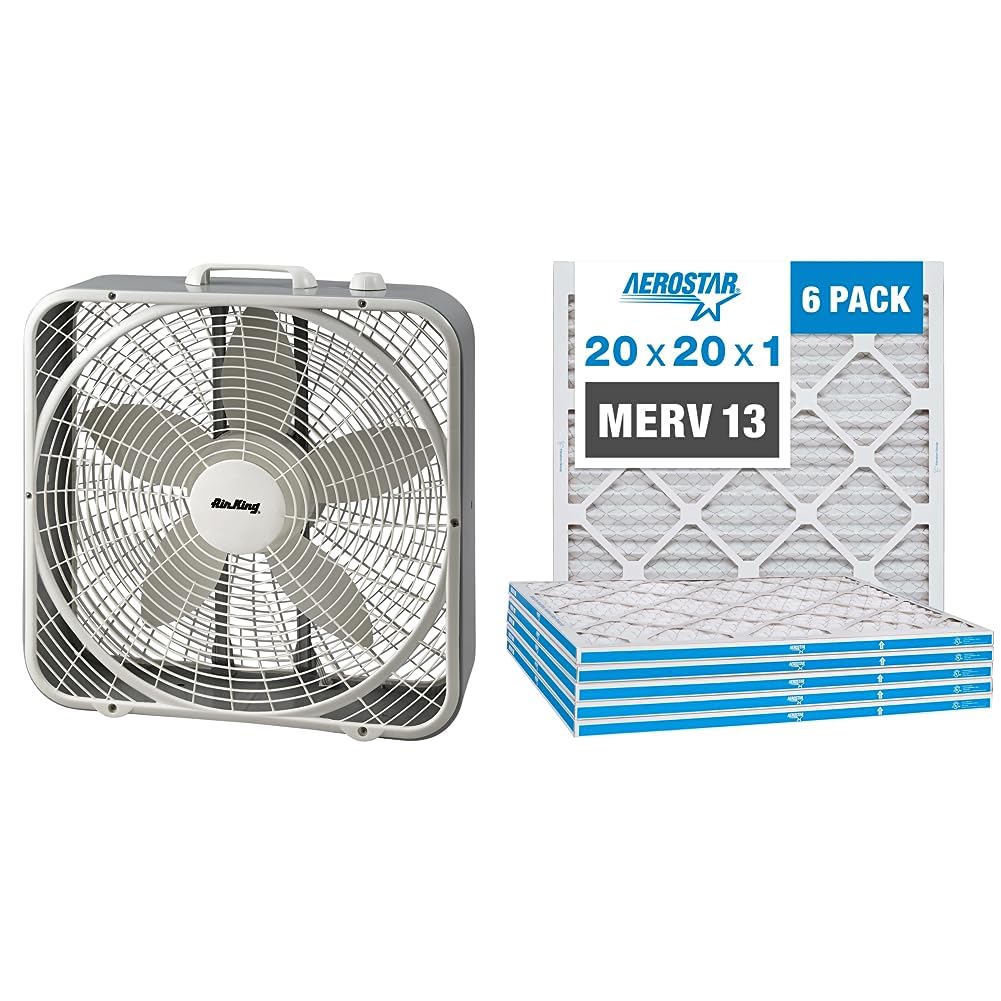 Air King 9723 20-Inch 3-Speed Box Fan, White & Aerostar 20x20x1 MERV 13 Pleated Air Filter, AC Furnace Air Filter, 6 Pack (Actual Size: 19 3/4" x 19 3/4" x 3/4")