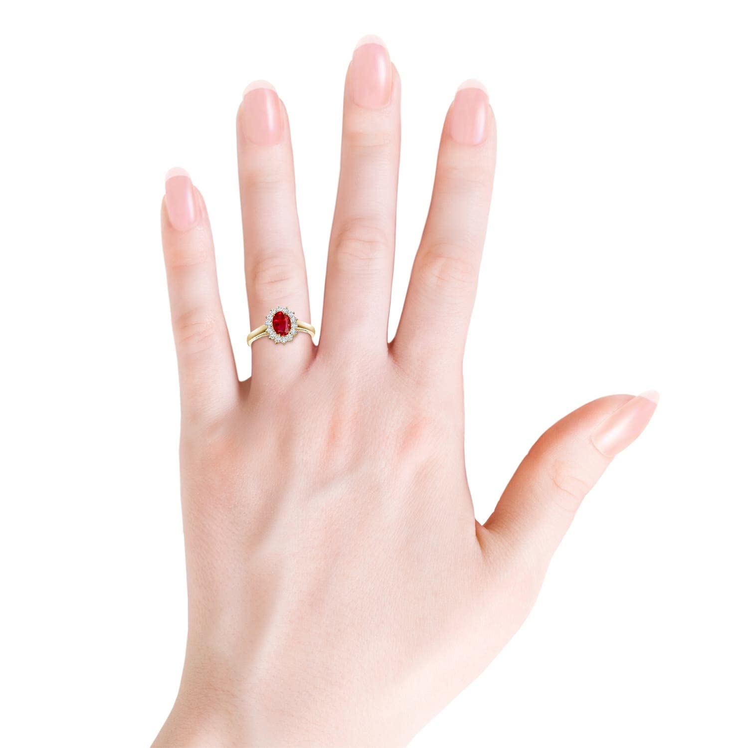 Angara Princess Diana Inspired Natural Ruby Ring for Women with Diamond Halo in 14K Yellow Gold for Wedding, Anniversary, Engagement (Stone Size-5x3mm, Stone wt-0.25, Ring Size-9) - July Birthstone