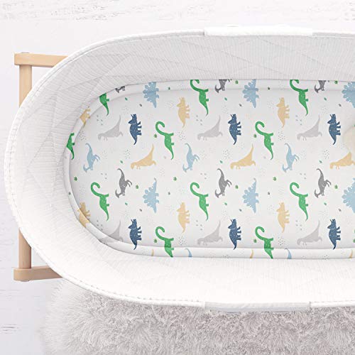 Bassinet Fitted Sheet Compatible with Halo, Fisher Price, Delta, Graco – Fits Perfectly on 15 x 33 Inch Oval, Rectangular Mattress Pad – Snuggly Soft Jersey Cotton – Dinosaurs – 1 Pack