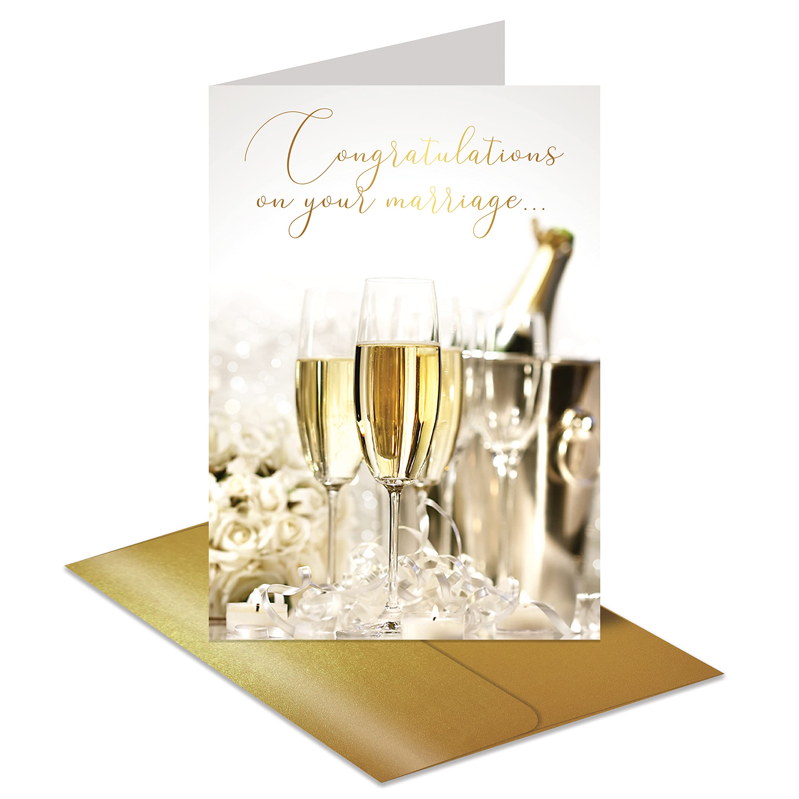 Better Office Products Wedding Congratulations Card with Metallic Gold Foil and Gold Shimmer Envelope, Classic 5 x 7 Inch Size, Heavy Cardstock, High Gloss Finish