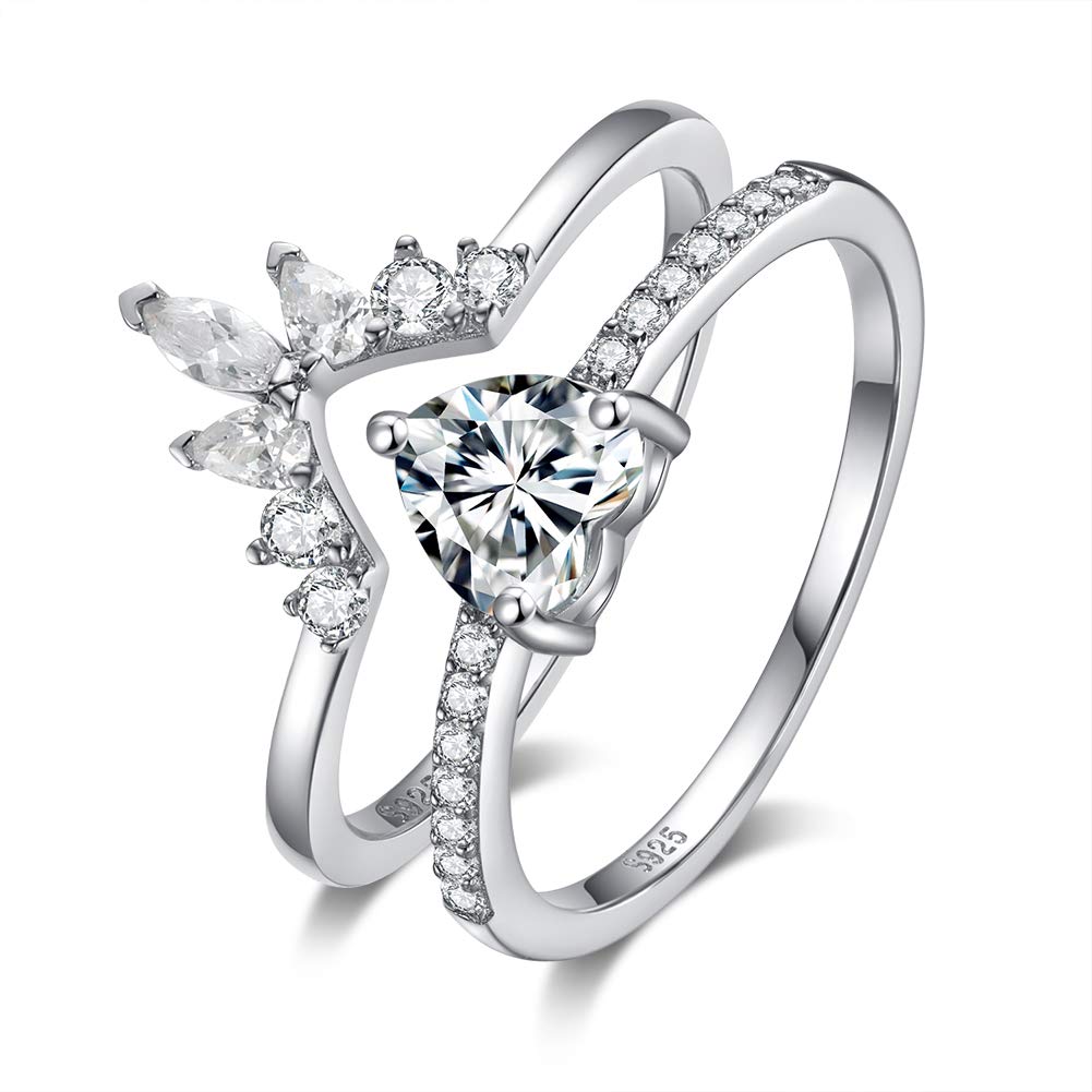 Angol Heart Wedding Ring Set for Women 925 Sterling Silver Wedding Bridal Set Engagement Anniversary Valentines Day Gift for Her Cubic Zirconia Diamond Crown Ring with Box Size 7