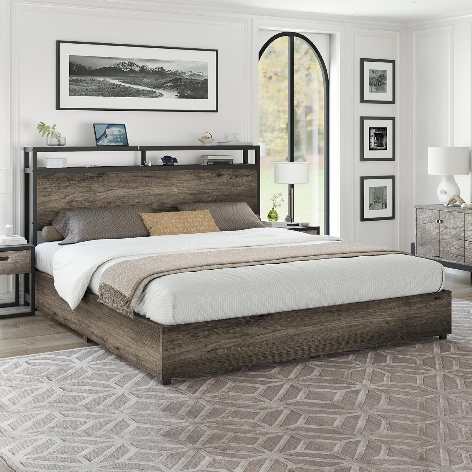 AMERLIFE King Size Storage Bed Frame, Wooden Platform Bed with Charging Station, 4 Drawers & Headboard/No Box Spring Needed/Noise-Free/Rustic Grey