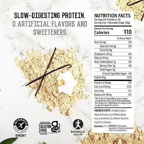 Ascent Casein Protein Powder - 25g Micellar Casein Powder with Zero Artificial Flavors & Sweeteners, Gluten-Free, No Added Sugar, 4.9g BCAA, 2.2g Leucine - Vanilla Bean, 2 Pounds