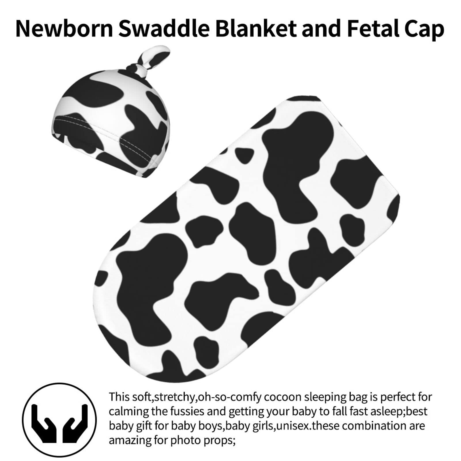 Black and White Cow Print Baby Stuff Swaddle Blanket Hat Set,Soft and Stretchy Infant Receiving Blanket for Newborn, Swaddle Sack Wrap for Boy/Girl
