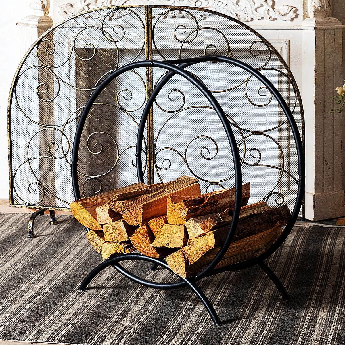 XSDevecor Handcrafted Large Free Standing Fireplace Screen, Sturdy Wrought Iron Frame Decorative Mesh Fire Spark Guard Gate, 43β W x 33β H