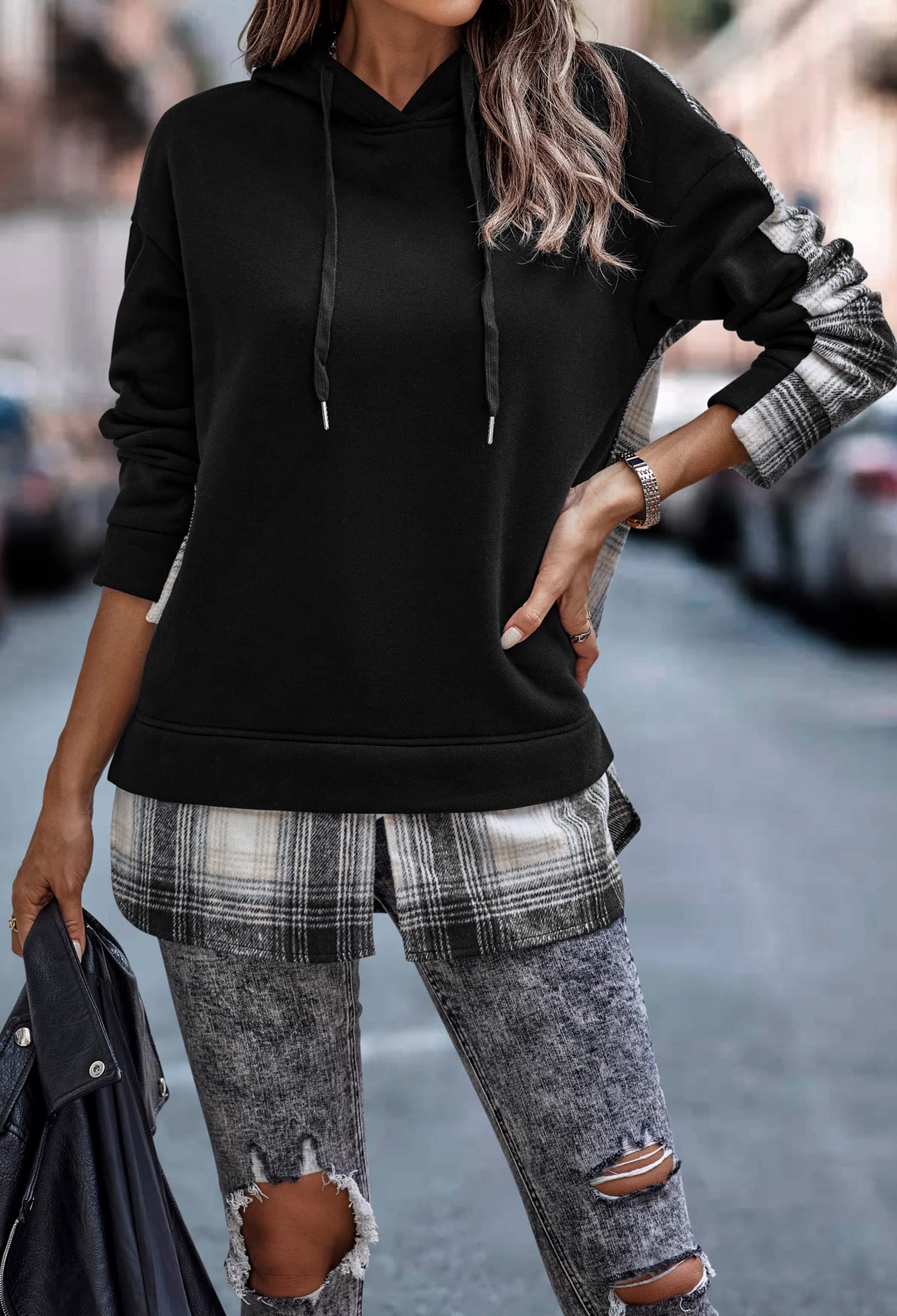 Angashion Womens Hoodies Long Sleeve Plaid Patchwork Tops Color Block Lightweight Fake Two-Piece Casual Pullover #Black Small
