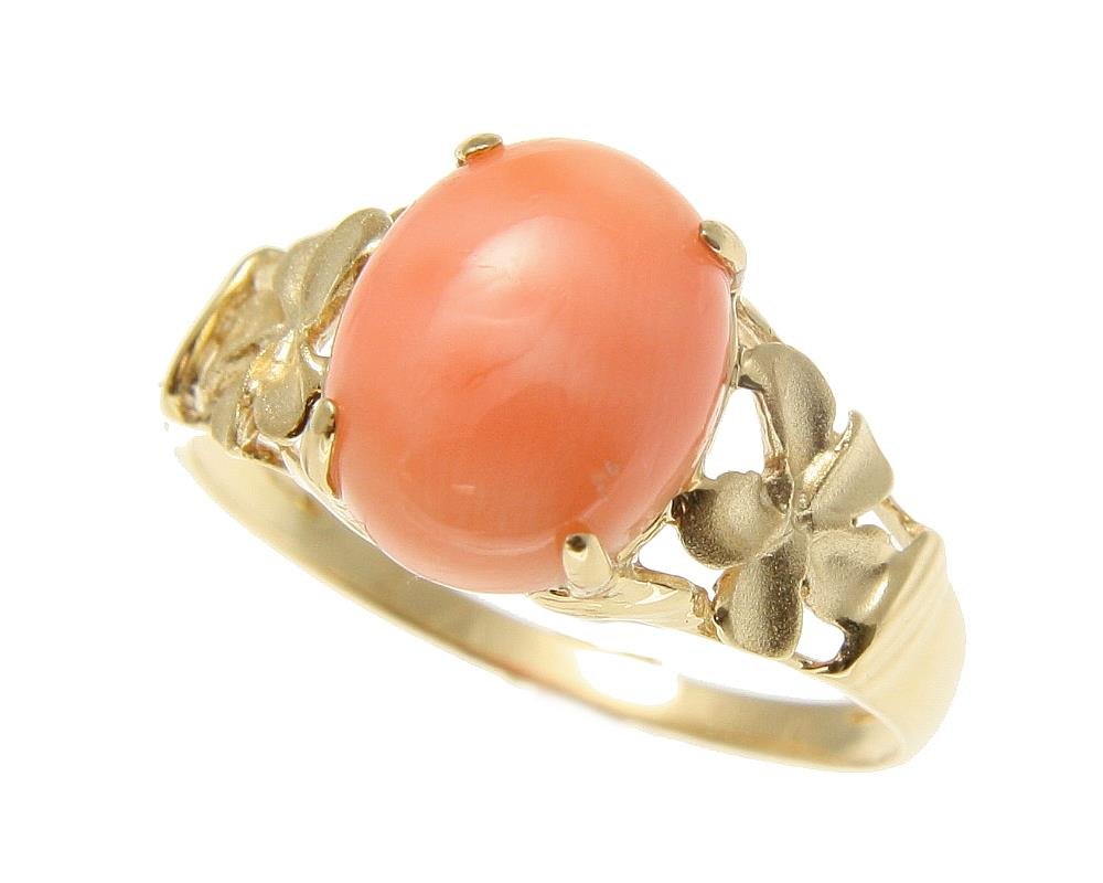 Arthur's Jewelry Genuine natural pink coral ring Hawaiian plumeria flower solid 14k yellow gold