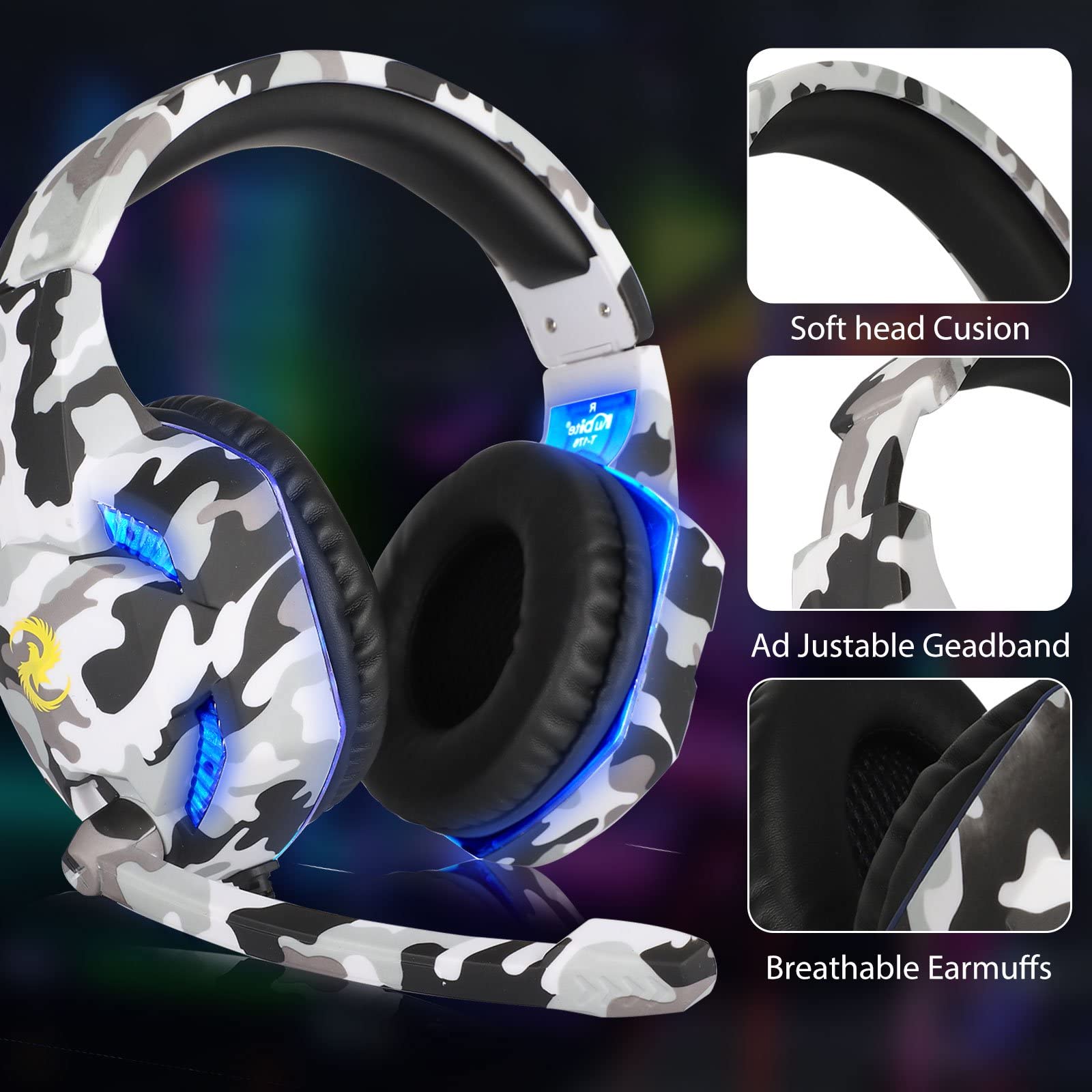 Atrasee Gaming Headset with Microphone for PC PS4 PS5 Xbox One Switch Laptop, Stereo Wired Over Ear Headphones with Surround Sound, Noise Cancelling, Soft Earmuffs, 3.5mm Aux, Camouflage