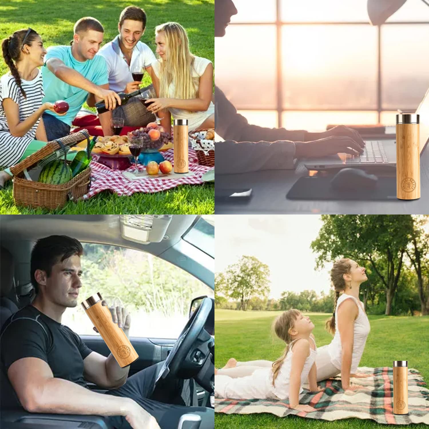 Bamboo Water Bottle with Tea Infuser Tumbler with LED Temperature Insulated Stainless Steel Thermos