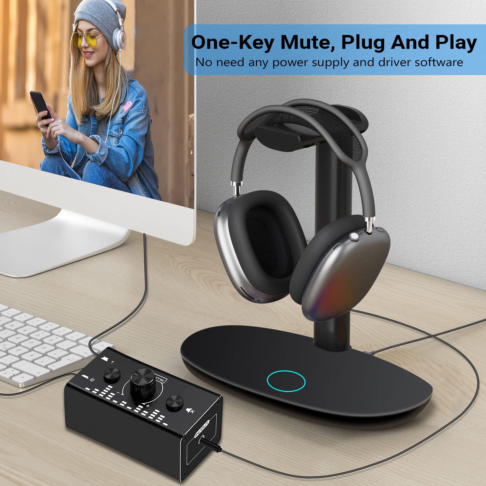avedio links Audio Switcher Bi-Directional, 2 Way 3.5mm Aux Audio Switch Selector Box, 2 Port Audio Sharing Box, Volume Adjustable, One Key Mute for MP3, Speaker, Headphone, PC (2 in 1 Out/1 in 2 Out)