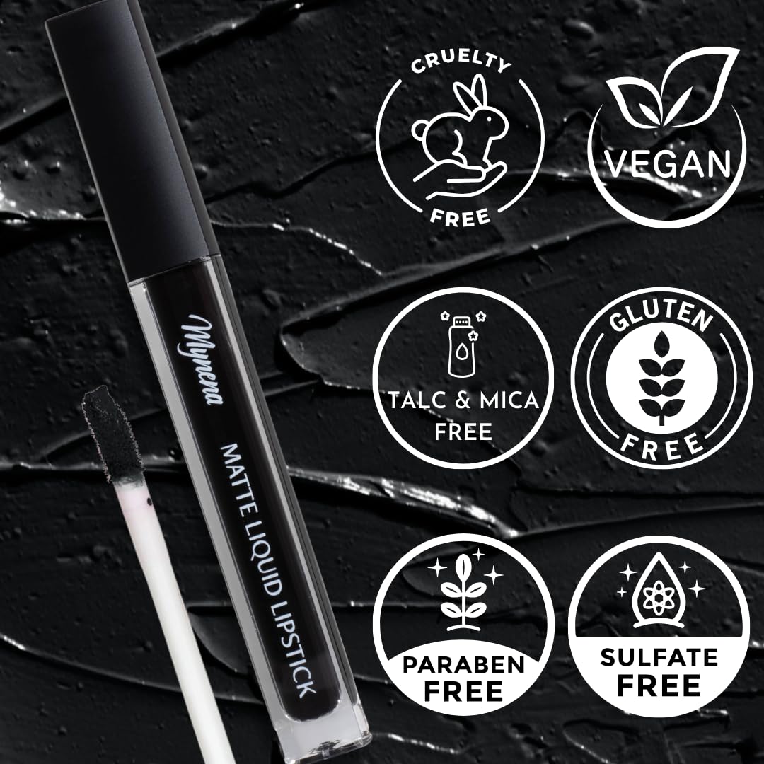 Mynena Black Long-Lasting Matte Liquid Lipstick | Intense Color, Smudge-Proof & Waterproof | Comfortable, Hydrating Shea Butter | Vegan & Cruelty-Free| Linda