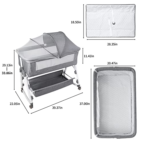 Baby Bassinet, Bedside Bassinet for Baby, Bassinet Bedside Sleeper with Wheels, 5 Height Adjustable, Baby Bassinet Sleeper Included Mosquito Net + Storage Basket… Grey