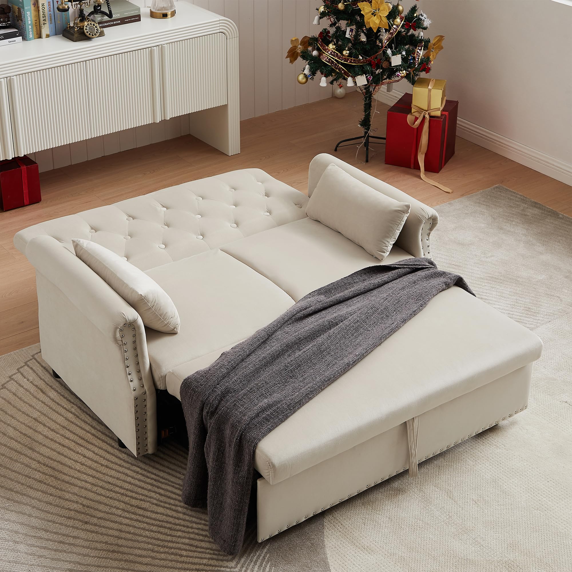ARCLIS 55" Pull Out Sofa Bed, Velvet Loveseat Sleeper Couch Small Sleeper Sofa Modern Convertible Sofa Bed with Button Tufted Backrest & 2 Pillows for Apartment Office Living Room (Beige)