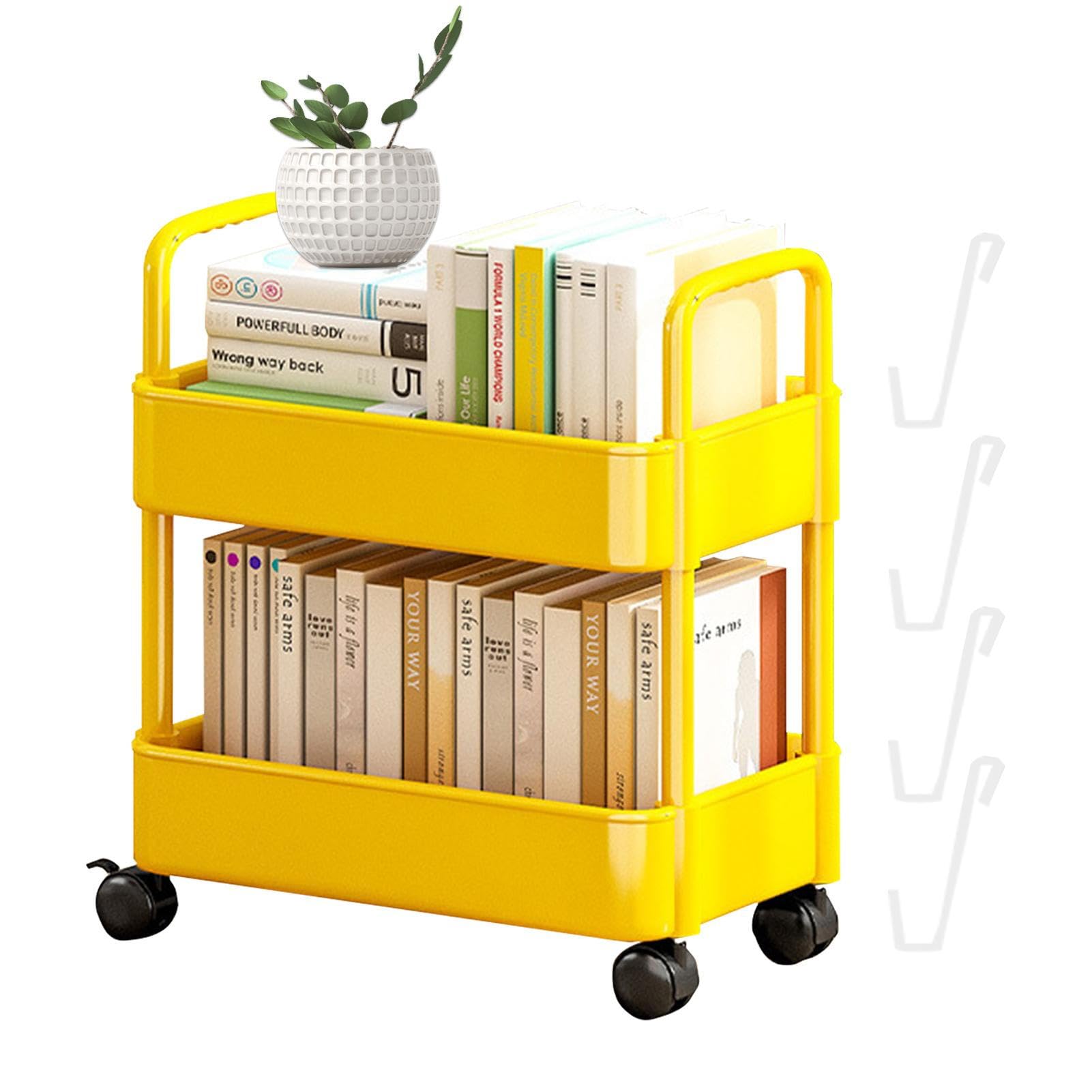 ANZAGA Bookshelf Cart, 2 Tier Rolling Cart Book Organizer, Movable Bookshelf, Rolling Shelf with Wheels & Hooks, Movable Storage Organizer for Home and Office