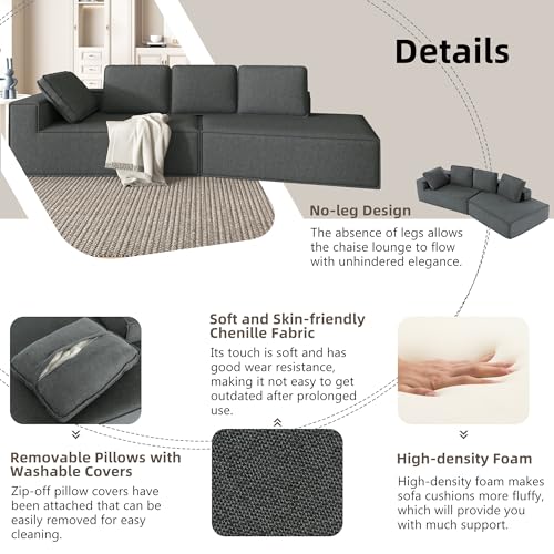 WOODRK 125.2'' Indoor Lounge Modular Sectional Sofa, Modern Upholstered Oversized Cloud Couch with Chaise Lounge, Comfy Chenille Fabric Curved Couches, for Living Room, Bedroom, Apartment, Gray
