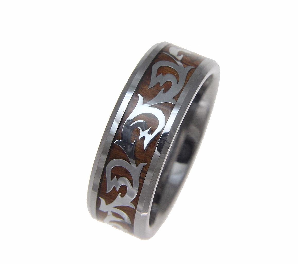 Arthur's Jewelry Genuine inlay Hawaiian koa wood shiny scroll band ring tungsten comfort fit 8mm size 9