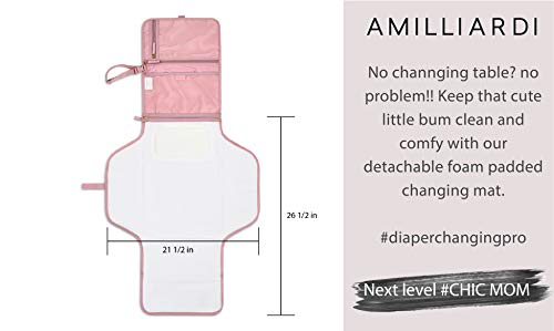 AMILLIARDI Stylish Diaper Changing Pad Portable with Credit Card Holder, Changing Mat, Removable Pad for Baby, Infant, Newborn, Travel, Hook-on Shoulder Strap, 3 Zipped Pockets (Light Pink)