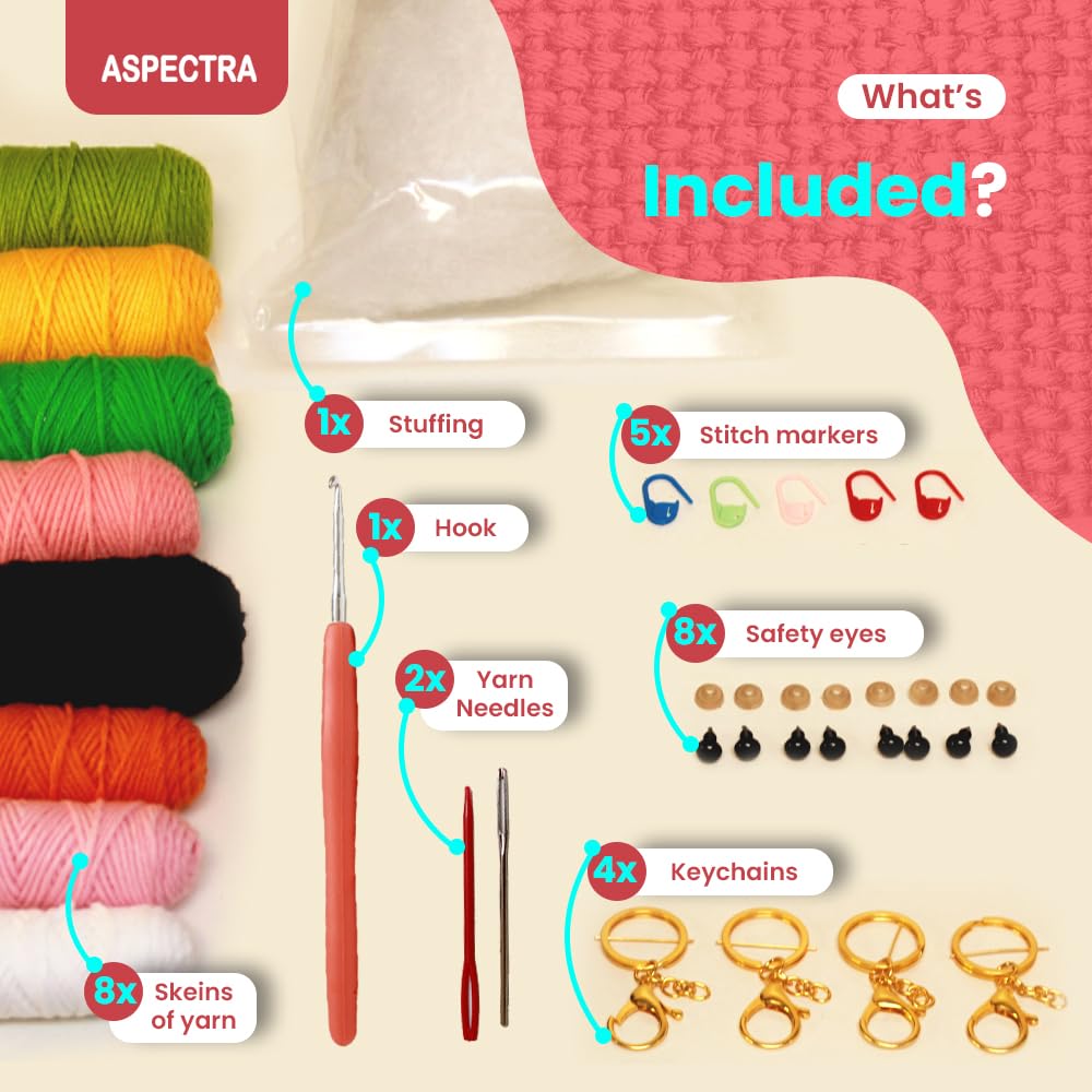 ASPECTRA Crochet Kit for Beginners – Step by Step Video Tutorials, Beginner Crochet Kit for Kids & Adults, Create Crochet Animal Kit with Easy Patterns, Hooks & Yarn, Perfect Crochet Starter Kit