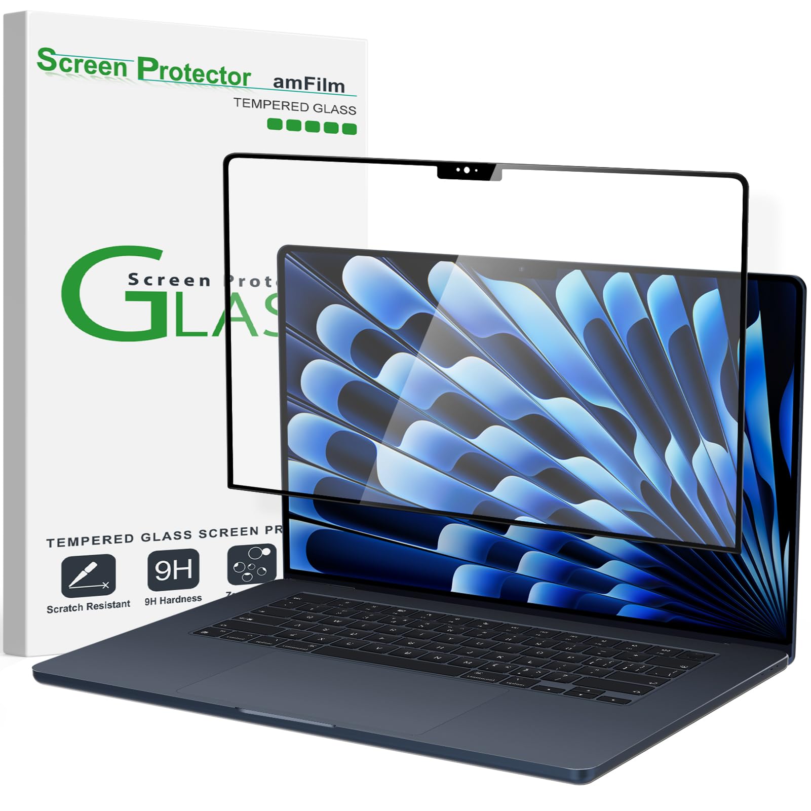 amFilm Designed for MacBook Air 15-Inch (M3 Chip/M2 Chip, 2023-2024 Released) Tempered Glass Screen Protector [Zero Bubbles][9H Hardness][ Anti-Scratch][ Anti-Fingerprint], 1 Pack