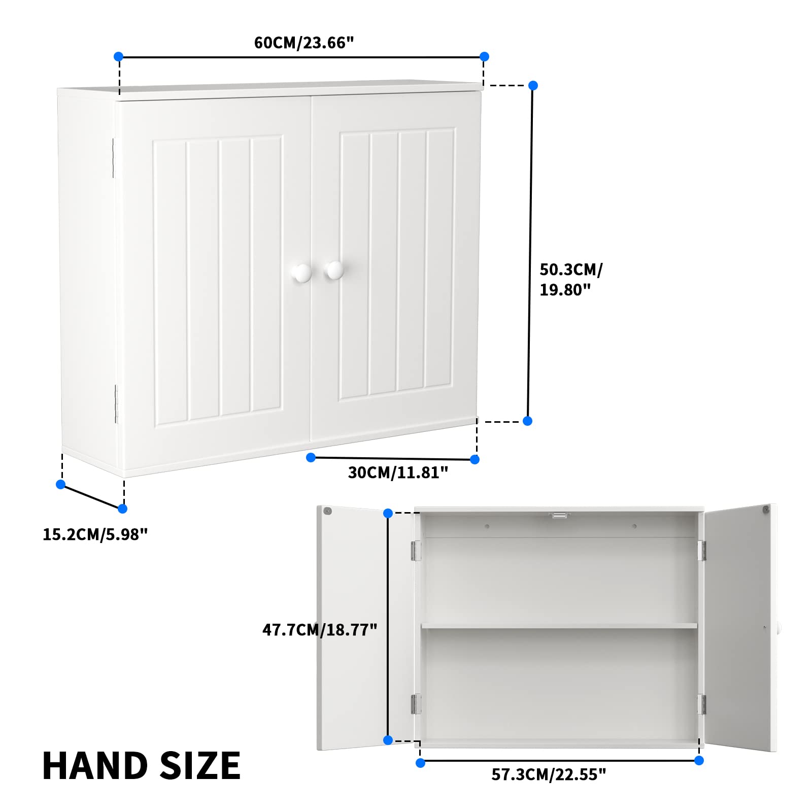 Qimu Bathroom Wall Cabinet White Wall Mounted Bathroom Storage Cabinet, Wooden Medicine Cabinet with 2 Doors Hanging Cabinet, Floor Standing Storage Cupboard with Adjustable Shelf, 23.6 x 6 x 20 inch