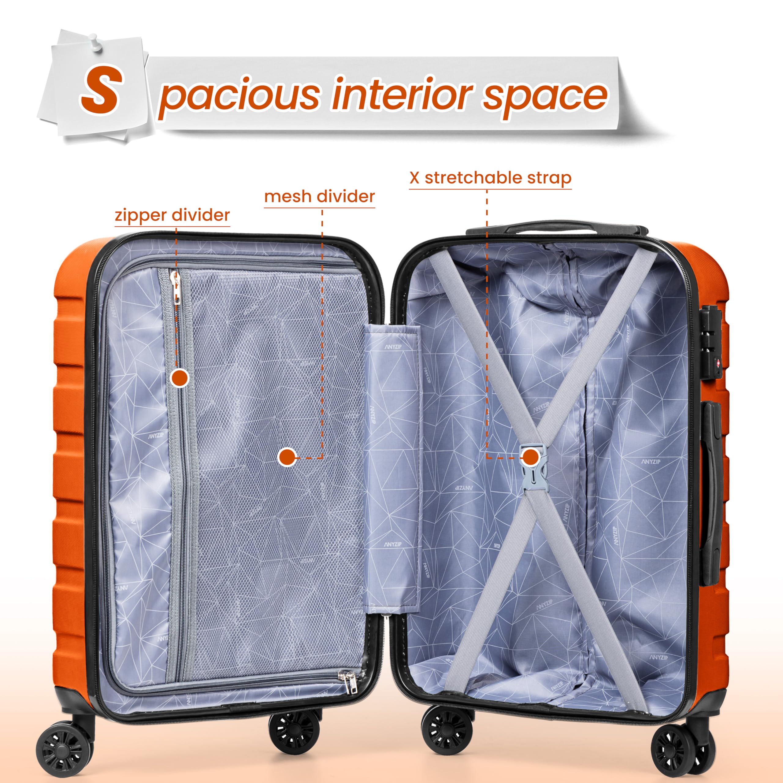AnyZip Luggage PC ABS Hardside Lightweight Suitcase with 4 Universal Wheels TSA Lock Carry-On 20 Inch Orange