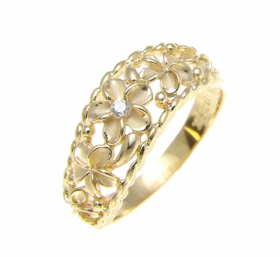 Arthur's Jewelry Yellow gold plated 925 sterling silver 5 Hawaiian plumeria flower cz ring curve style Size 9