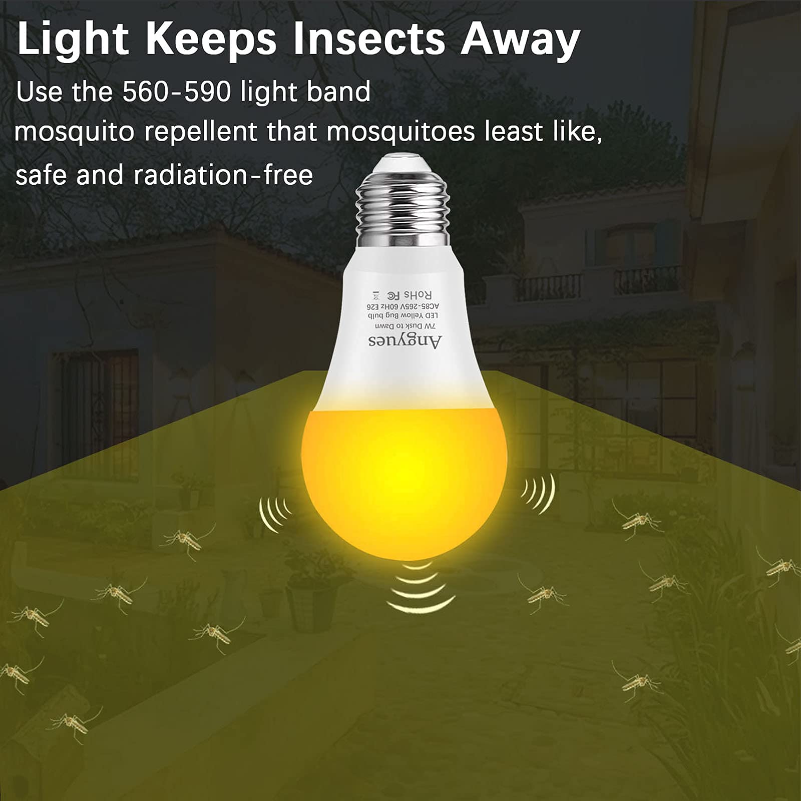 Angyues Yellow Bug Light Bulbs Outdoor, Dusk to Dawn LED Bug Light Bulbs 7W Sensor Bulb 2000K Amber Glow, E26 Automatic On/Off, Used in Corridors, Decks, Courtyards, Terraces, etc, 4 Pack