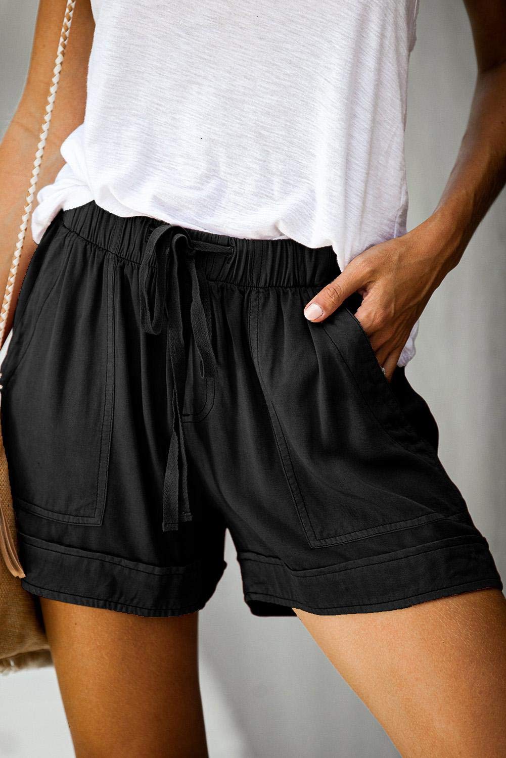 ANFTFH Women Casual Solid Color Shorts Loose Elastic Waist Pants Summer Vacation Black L
