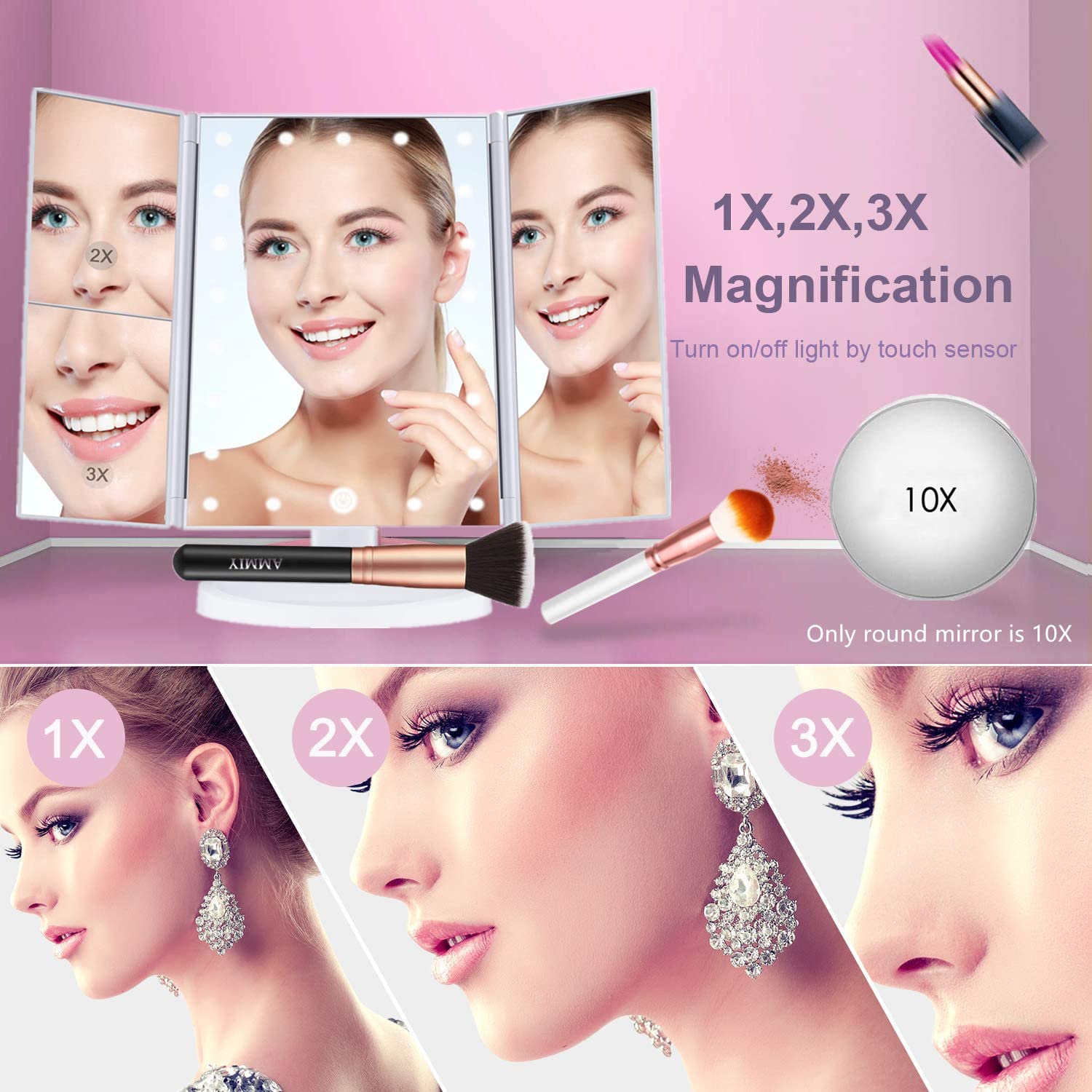 AMMIY Vanity Makeup Mirror with Lights, 1x/2x/3x/10x Vanity Mirror with 21 LED Lights, Touch Screen Switch Tri-Fold Design 180° Rotation LED Makeup Mirror, Dual Power Supply LED Mirror Makeup