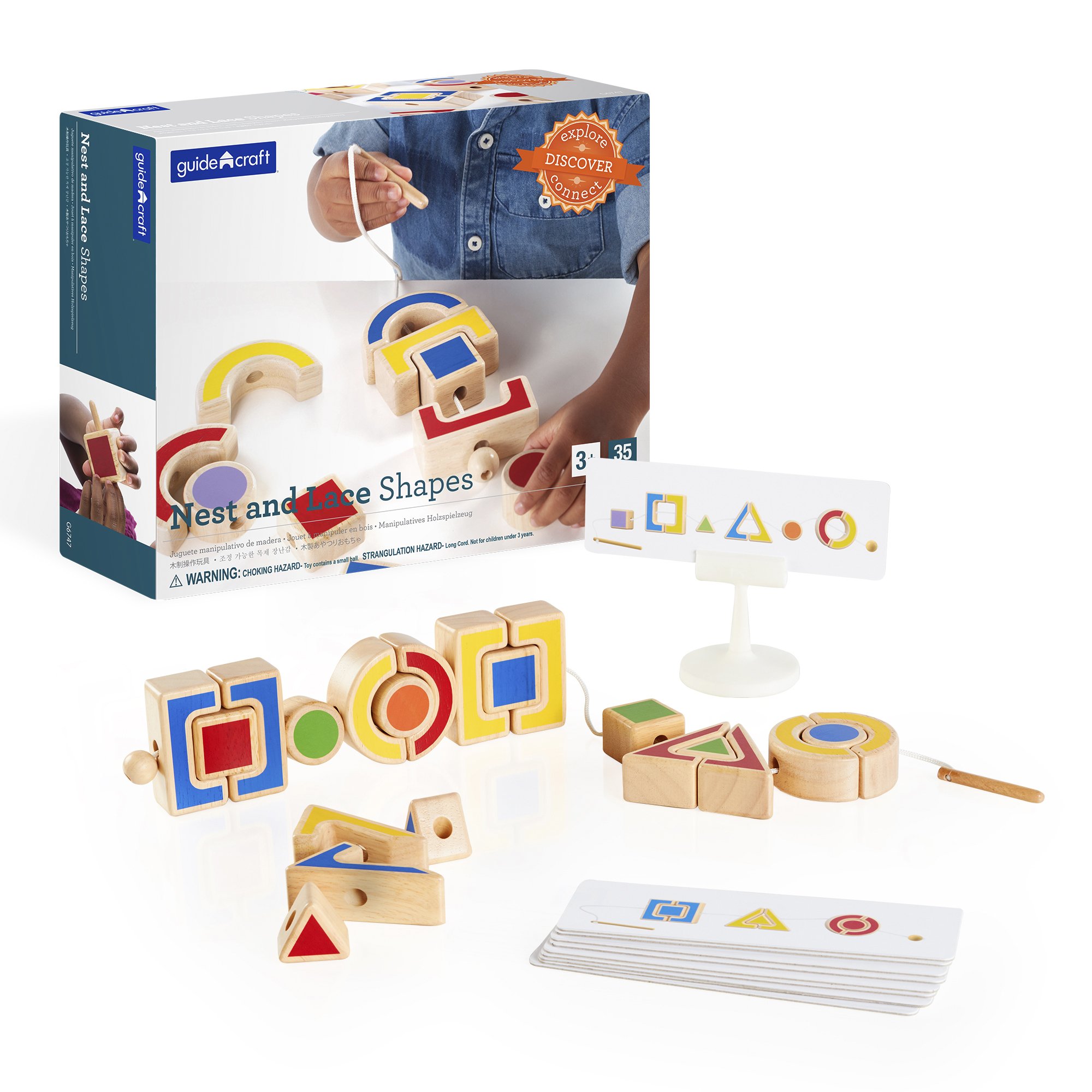 Guidecraft Colorful Nest and Lace Shapes- Wooden Geometric Puzzle Matching and Weaving Game, Toddler Learning & Educational Toys