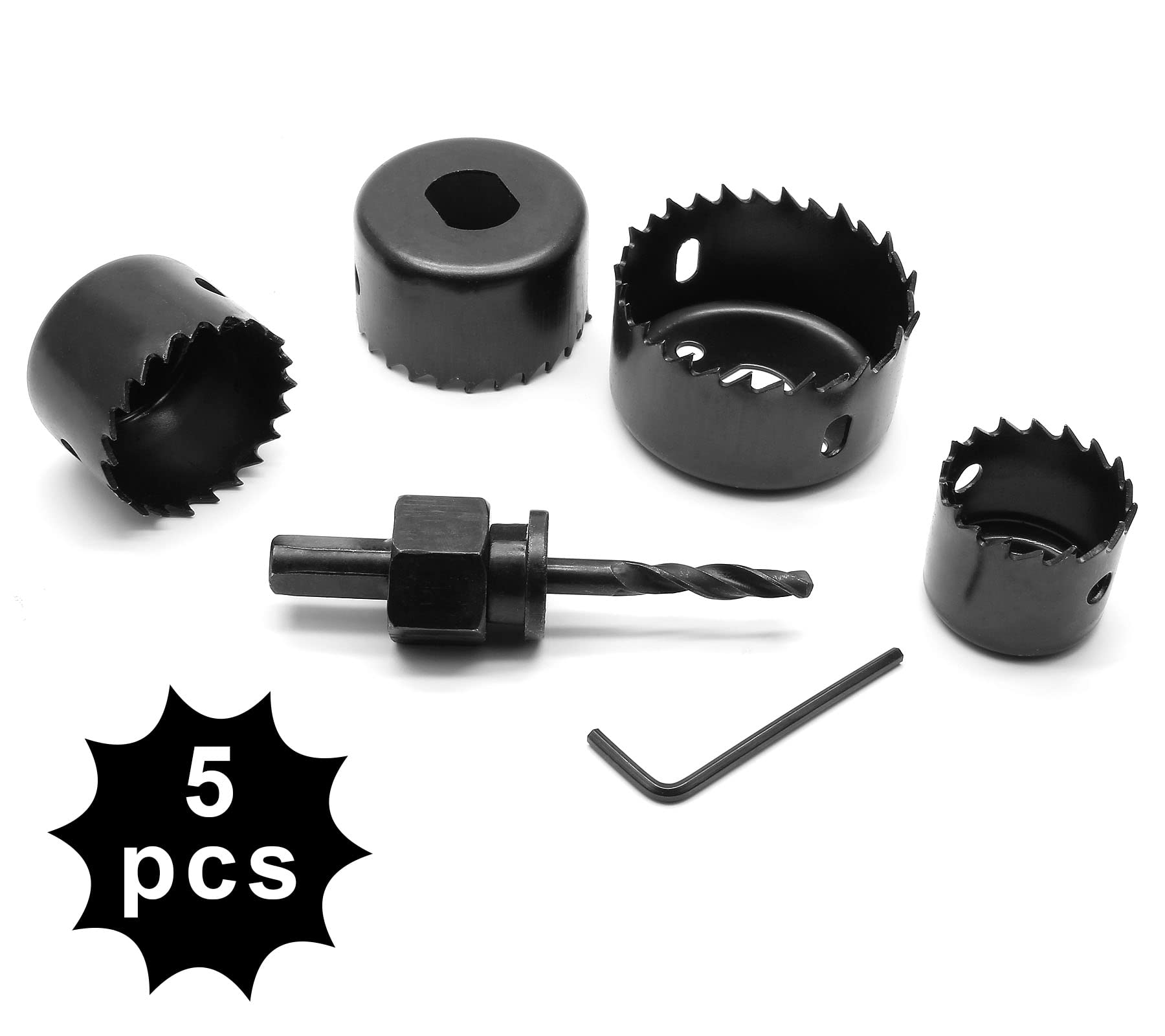 Aracombie 4PCS 1-1/4 Inch to 2-1/8 Inch Hole Saw Kit for Wood, 1.2 Inch Cutting Depth Hole Cutter Drill Bit with Mandrel, Round Hole Saw Set for Cornhole Boards Plastic Drywall Soft Metal (Black)