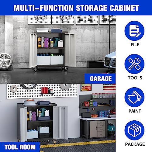 Aobabo 2 Door Tool Cabinets for Garage, 35.4 Inches Lockable Garage Storage Cabinet, Locking Metal Storage Cabinet with Wheels, Rolling Tool Chest, Assembly Required, Black/Gray