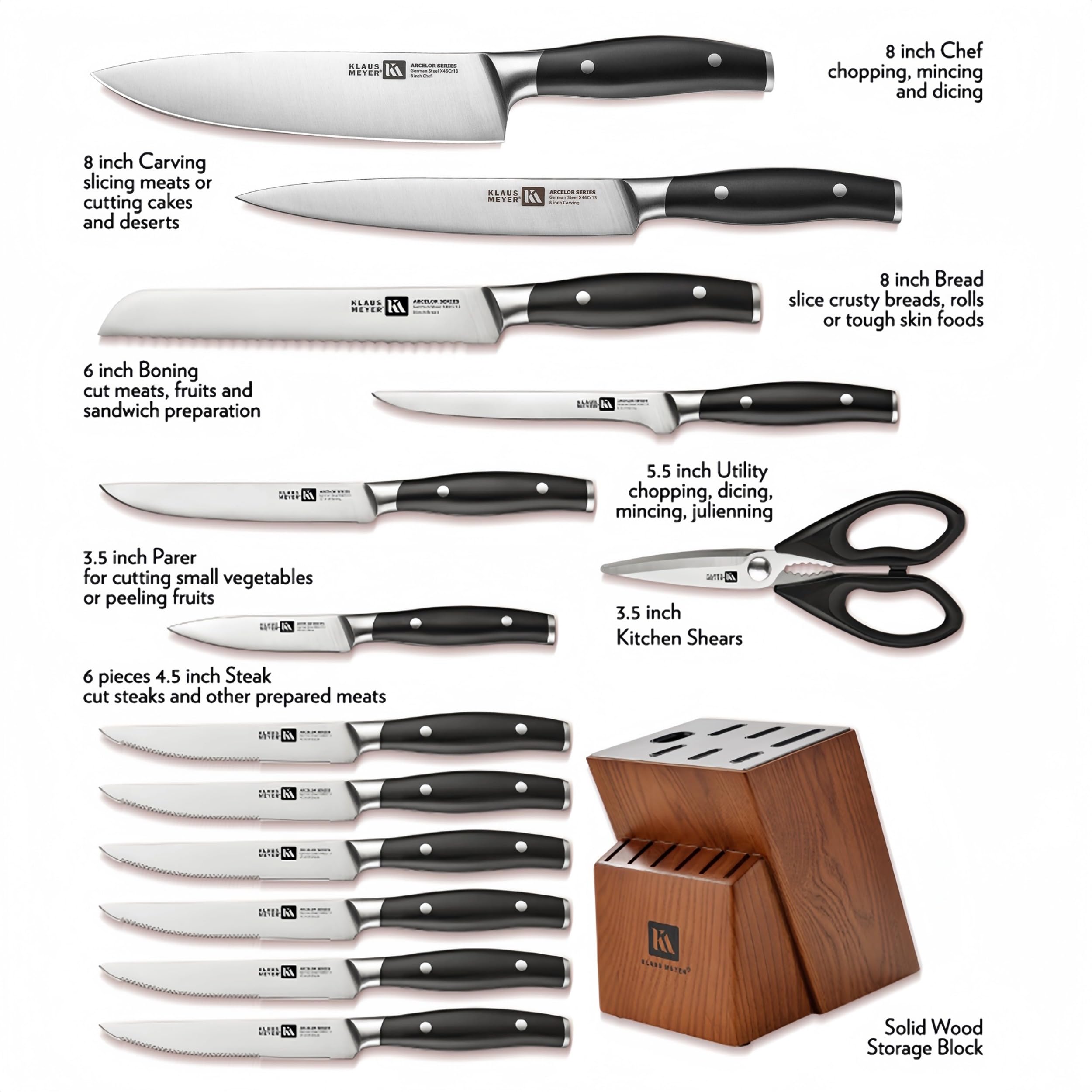 Klaus Meyer Arcelor 14 Piece Exclusive German Steel Non-Slip Handles Knife Set with Solid Wood Block …