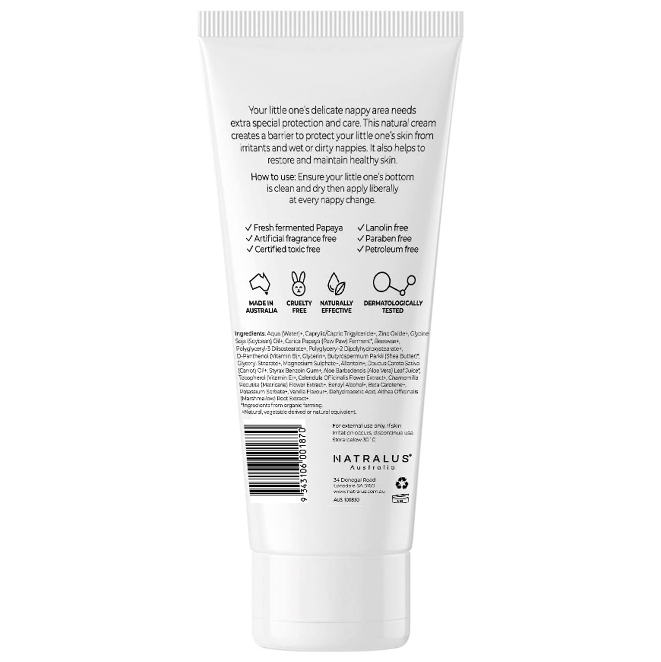 Natralus Australia My Little One Nappy Barrier Cream with Paw Paw - Protect, Soothe and Restore, 3.53 Oz