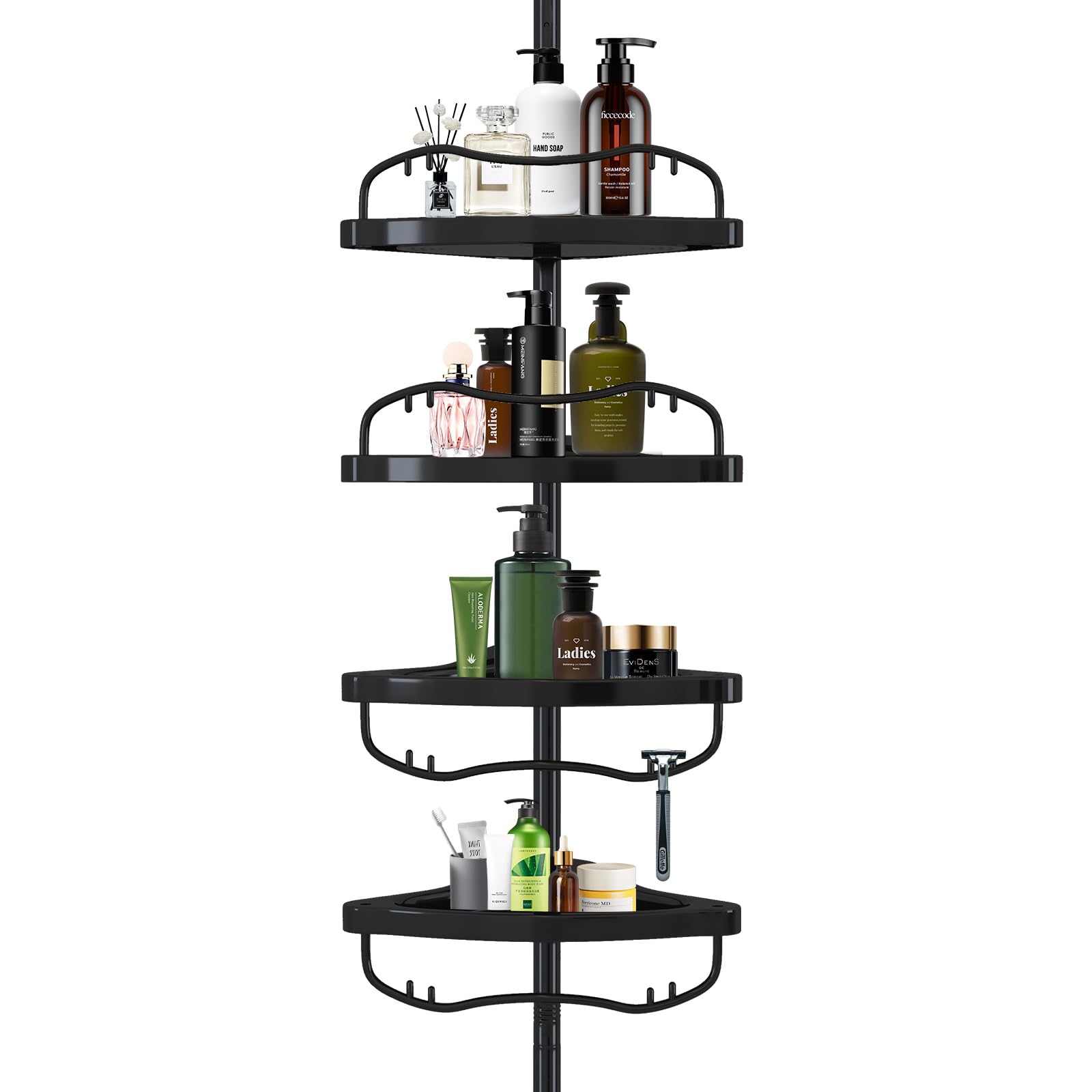 NEZHEIZERY Shower Caddy Tension Pole, Quick Installation Rustproof Corner Shower Caddy 56-125 Inch Adjustable Bathroom Organizer, 4 Tiers Plastic Shelves for Shampoo Storage