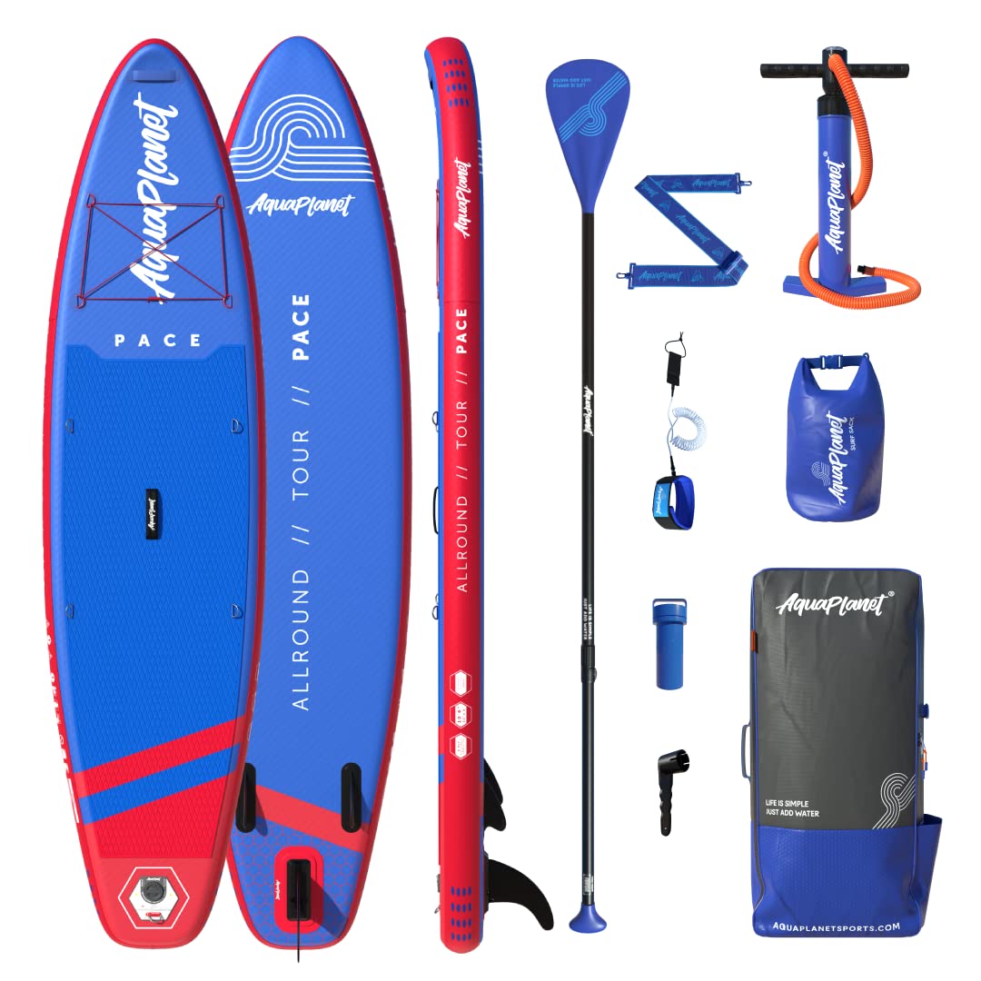 AQUAPLANET Pace Inflatable Paddle Board 10.6 Foot - Ideal for SUP Beginners to Intermediate - Stand Up Paddle Board Kit with Fin, Paddle, Pump, Repair Kit, Backpack, Leash, Dry Bag, Carry Strap