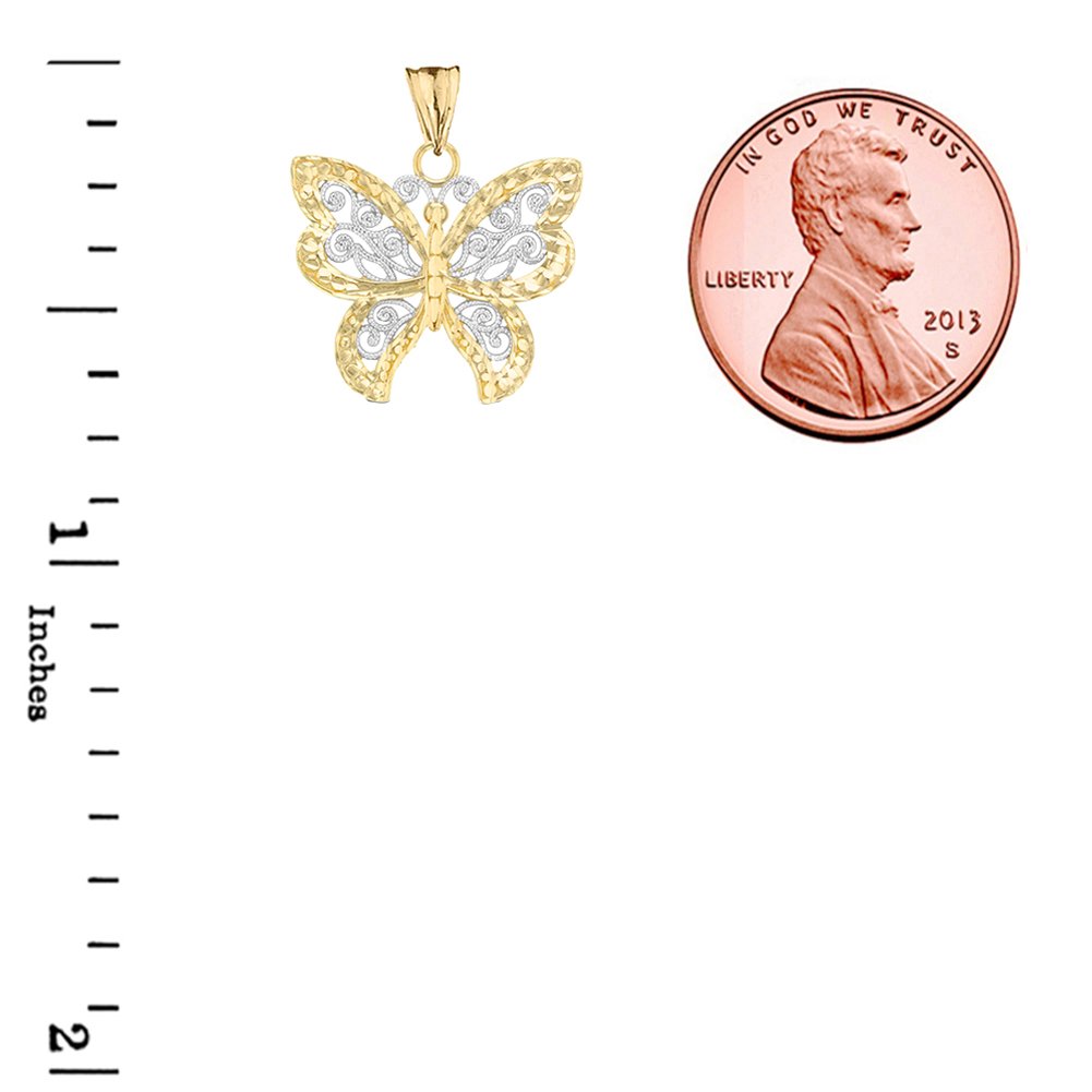 Animal Kingdom Elegant 14k Two-Tone Yellow Gold Filigree & Sparkle-Cut Butterfly Charm Pendant