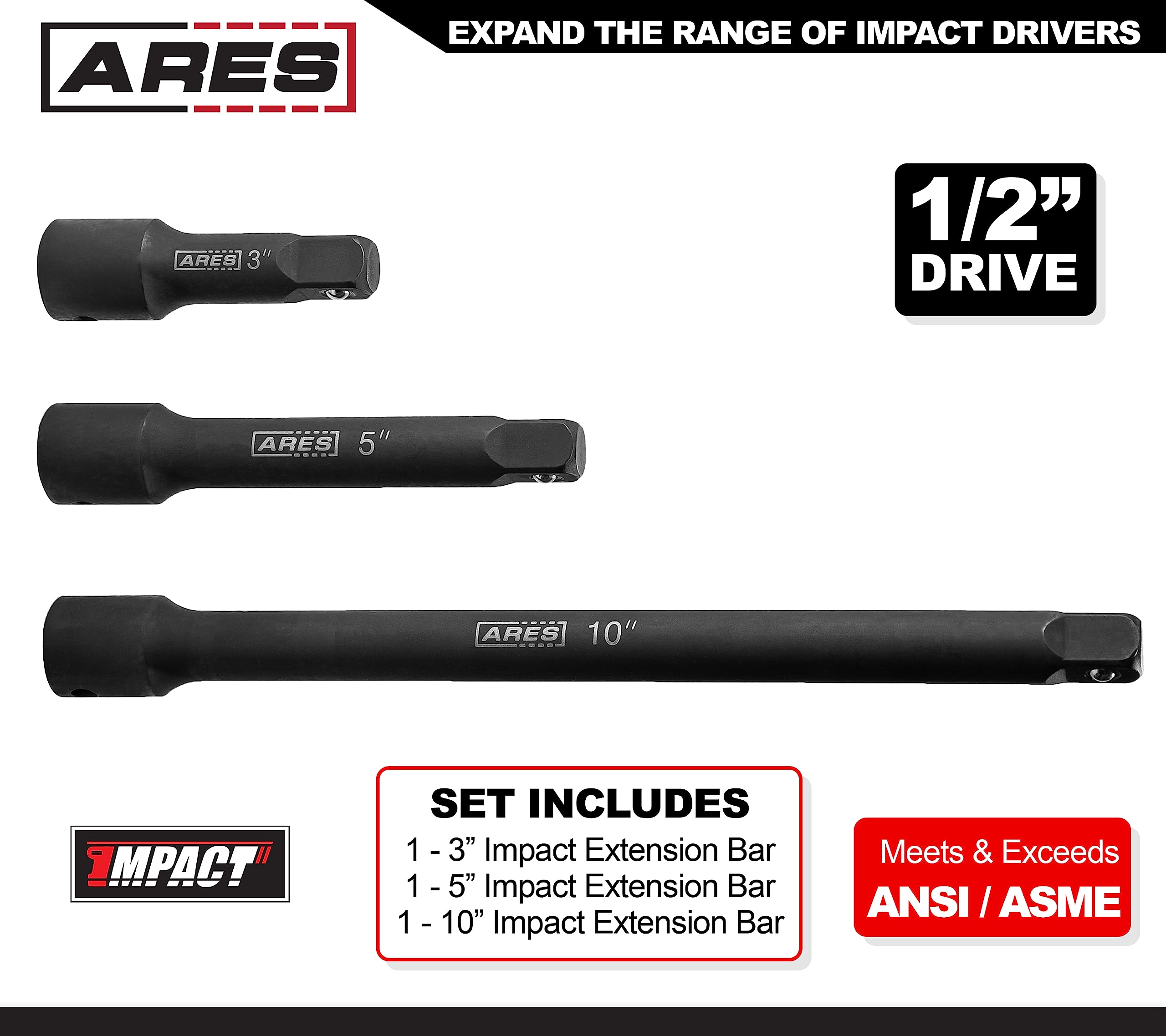 ARES 70031-1/2-Inch Drive Impact Extension Bar Set - 3-Inch, 5-Inch, and 10-Inch Laser Etched Socket Extensions Expand the Range of Impact Drivers