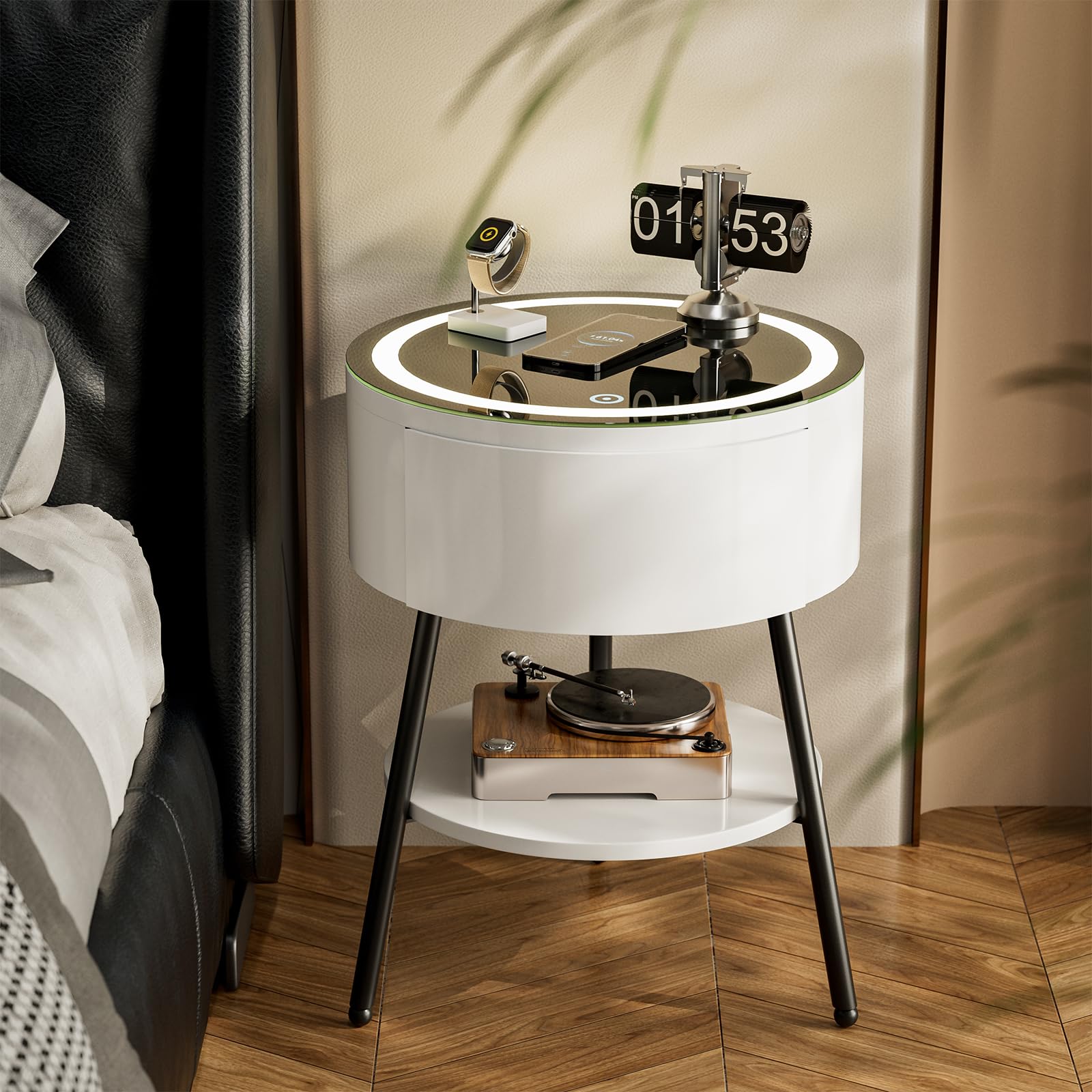 AOVSA Modern LED End Table Nightstands with USB Ports and Wireless Charging, Side Table with Storage Drawer Cabinet and 3-Color Temperature LED Lights for Living Room Bedroom-White