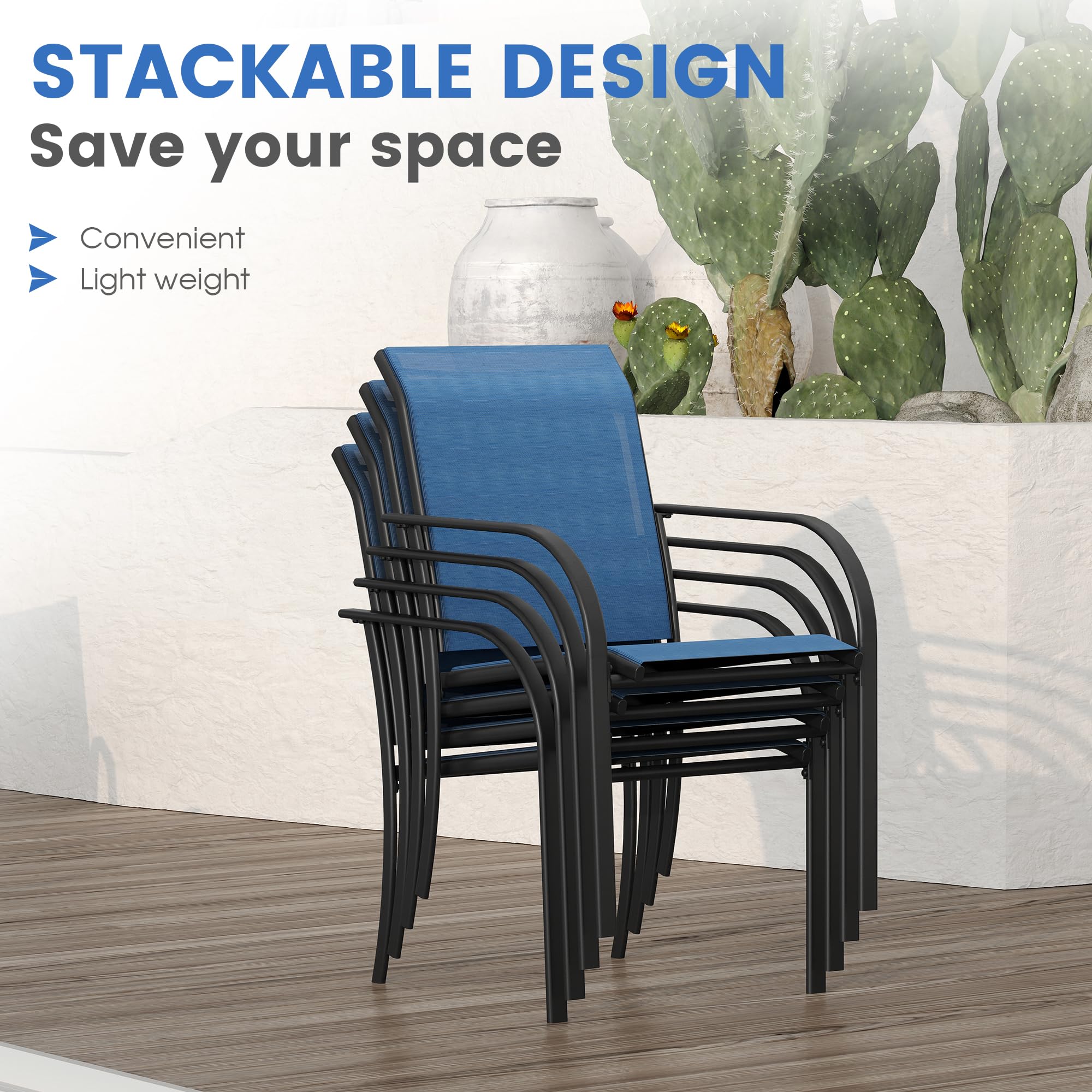 VICLLAX 5 Pieces Patio Dining Set, Outdoor Furniture Set Includes 1 Square Patio Table and 4 Stackable Patio Sling Chairs, Outdoor Table and Chairs for Outsides, Grey Wood-Like Table and Grey Chairs