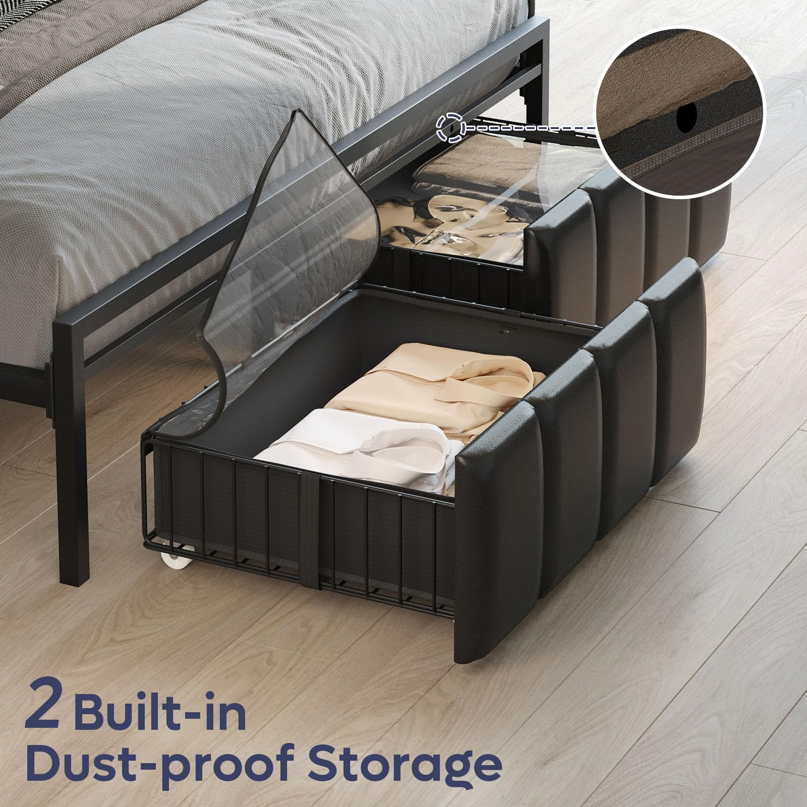 Bestier Queen Bed Frame with Hidden Storage Headboard, Black PU Leather Platform Bed with 2 Dustproof Drawers, 2 Tier Shelves with Charging Station, Dual LED Light, No Box Spring Needed, Easy Assembly