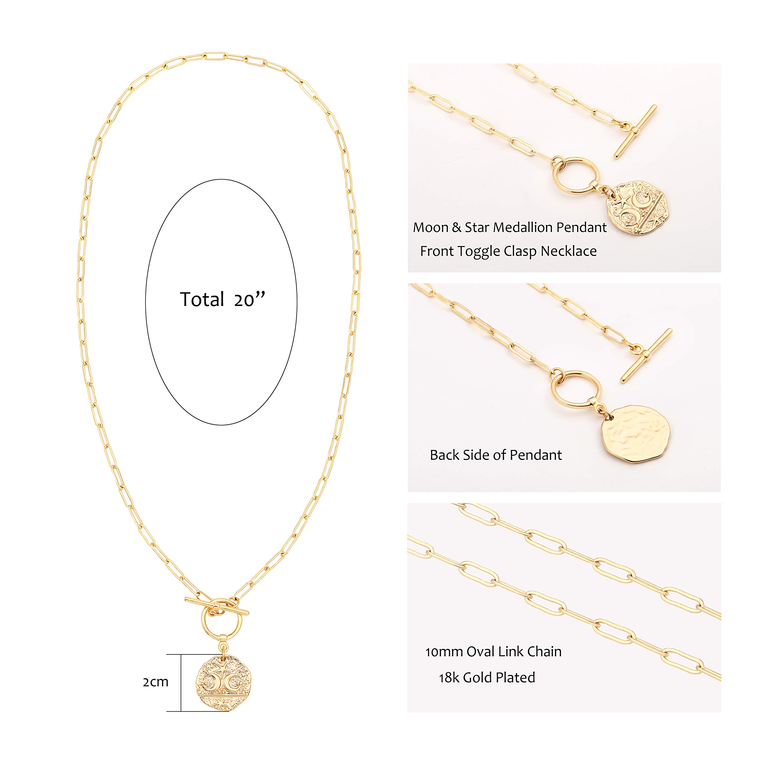 Aobei Pearl Moon and Star Medallion Pendant Necklace 18k Gold Oval Link Chain Choker Large Celestial Charm Layering Jewelry 20ββ