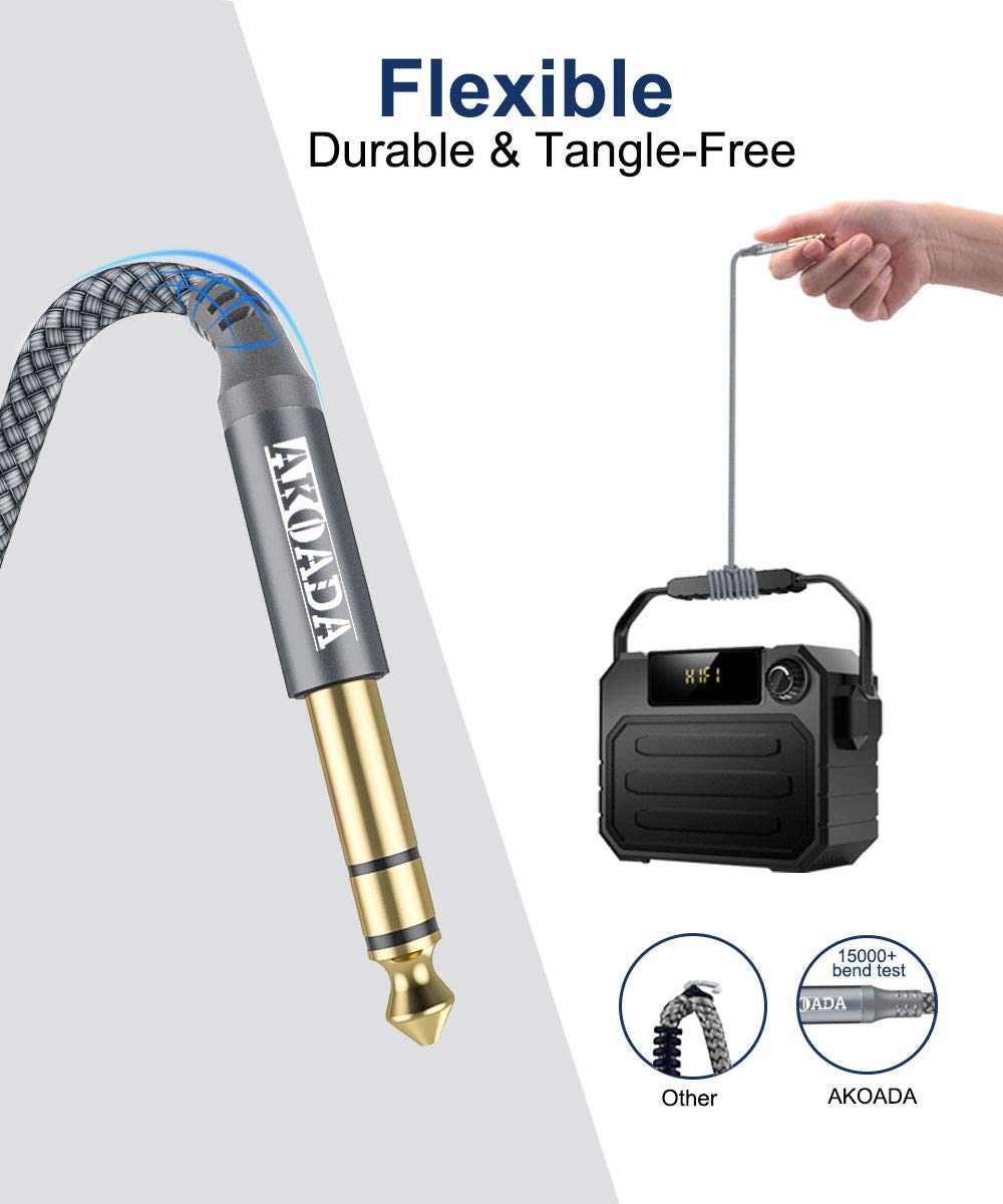 AkoaDa Instrument Cable 10FT 6.35mm(1/4) TRS to 6.35mm (1/4) TRS Balanced Stereo Audio Adapter Male to Male Nylon Braid Cable,Support, Bass,Audio Mixers,Speaker,Amplifier etc,Single(Grey)