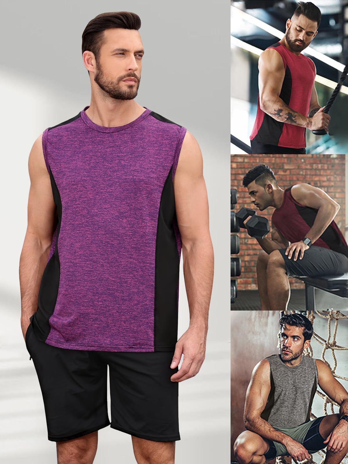 AMVELOP 4 Pack Men's Workout Tank Tops Sleeveless Quick Dry Gym Muscle Shirts Darkgray Navy Red Purple M