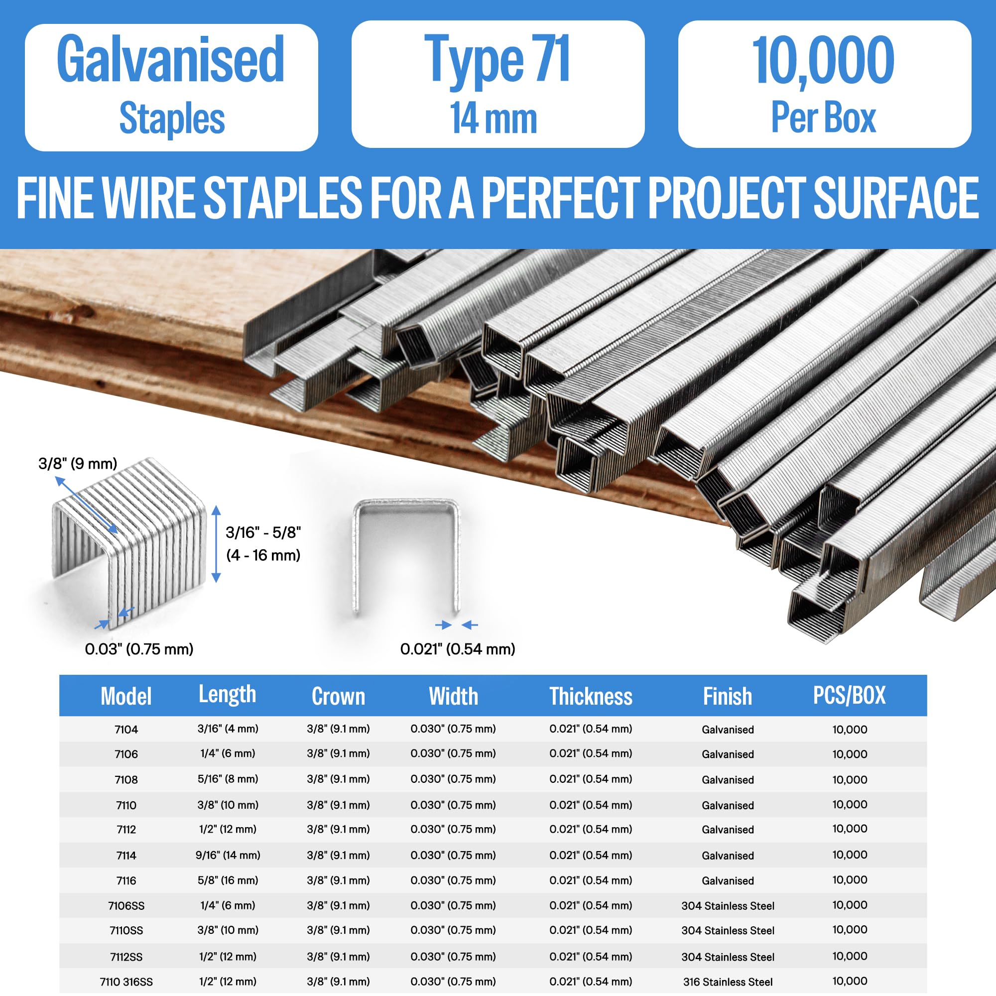 meite 22G71S916 22 Gauge 71 Series 3/8" Crown Wide 9/16" Leg Length Galvanized Staples for Upholstery Stapler 10,020 PCS/Box (1 Box)