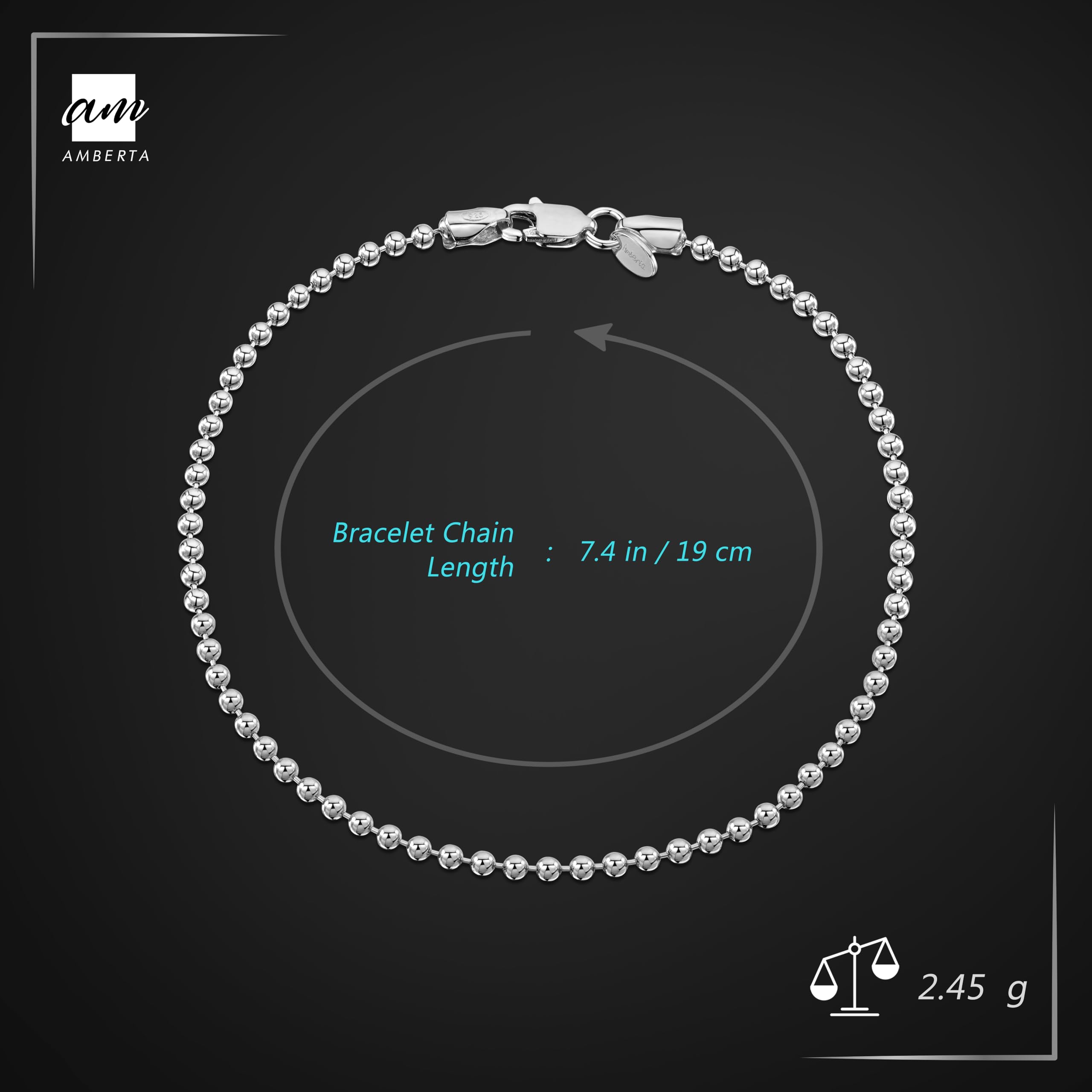 Amberta 925 Sterling Silver 2 mm Ball Chain Bracelet Length 7.5" inch / 19 cm (7.5)