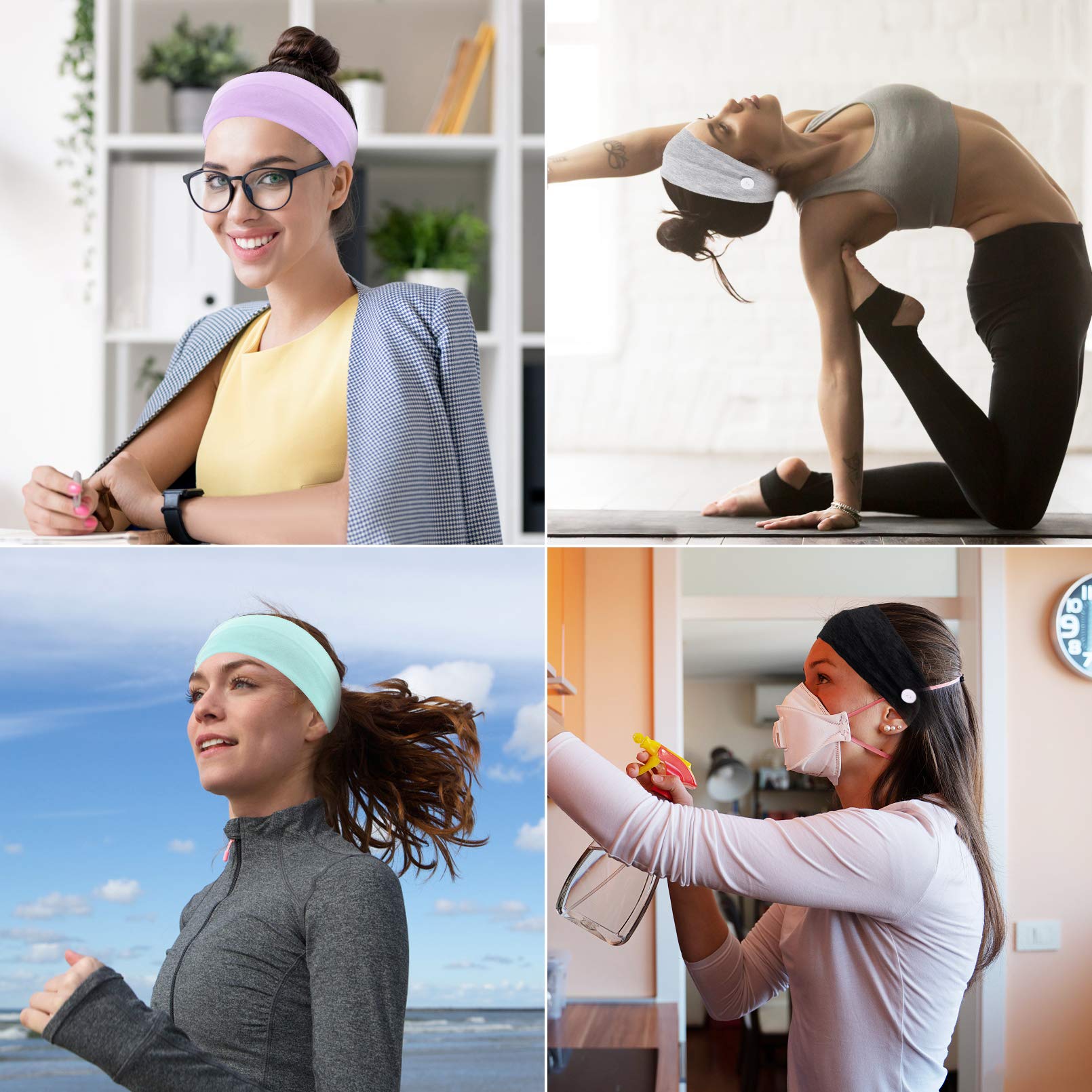 Amandir 4 Pack Headband with Buttons for Women Ear Protection Holder Elastic Headbands for Nurse Womens Workout Button Head Wrap Spa Yoga Headbands