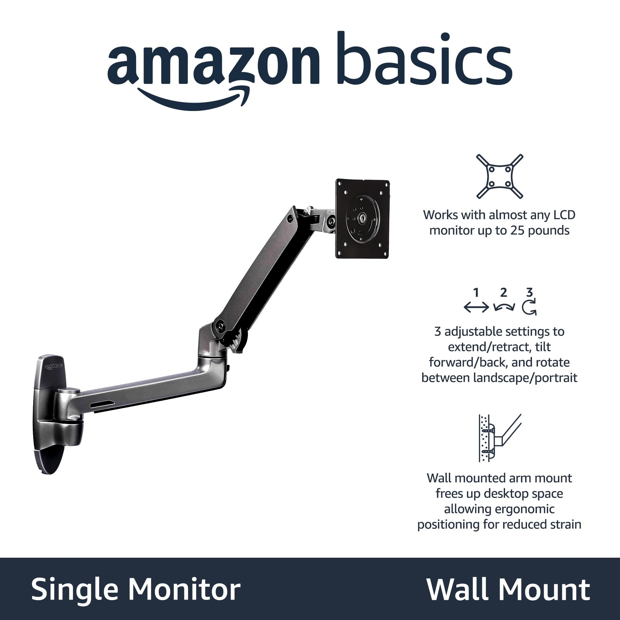 Amazon Basics Single Monitor Stand, Lift Engine Arm Mount, Aluminum, 2-Pack, Black